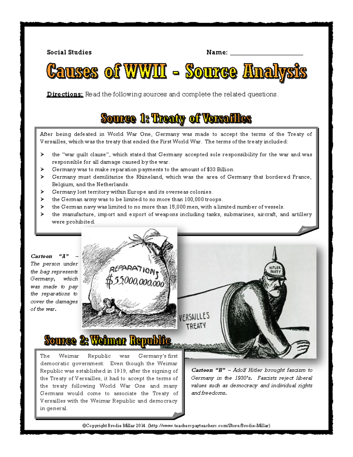 World War Two Causes Source Cartoon Analysis Questions Assignments WWII ...