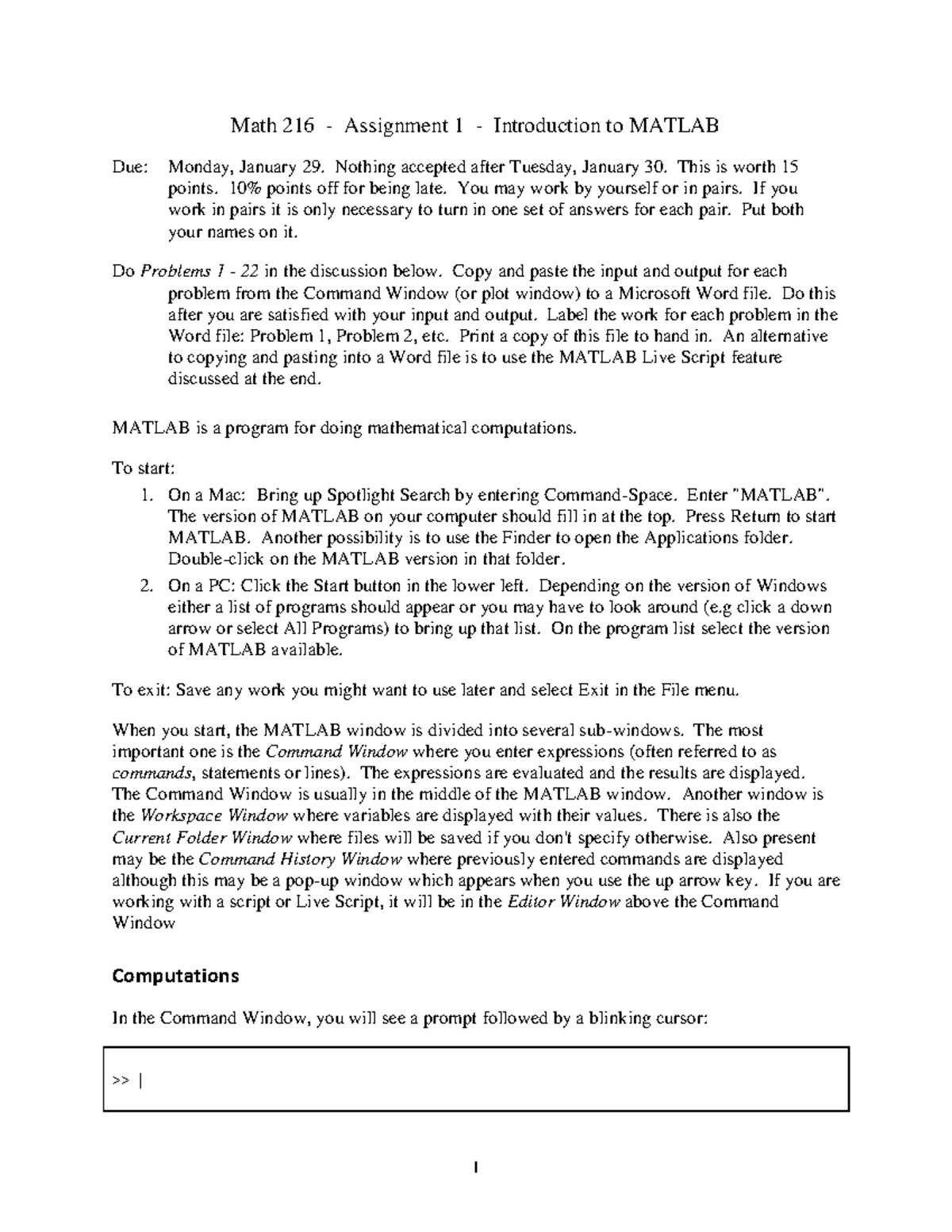 Assignment 1 - Good - Math 216 - Assignment 1 - Introduction to MATLAB ...