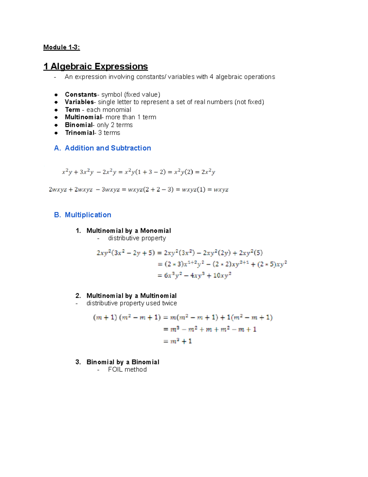 Fndmath- Reviewer - Module 1-3: 1 Algebraic Expressions - An expression ...