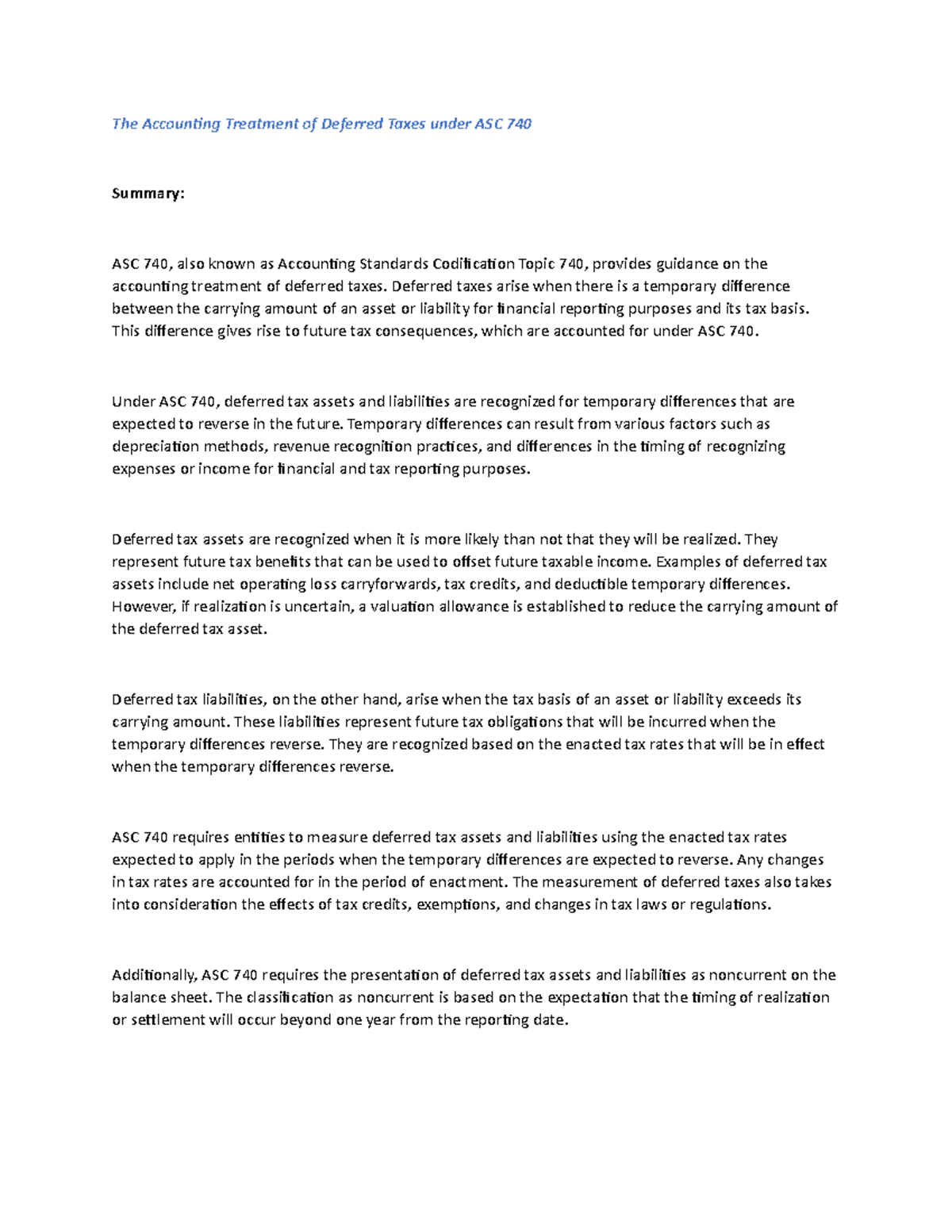 The Accounting Treatment of Deferred Taxes under ASC 740 (Summary ...