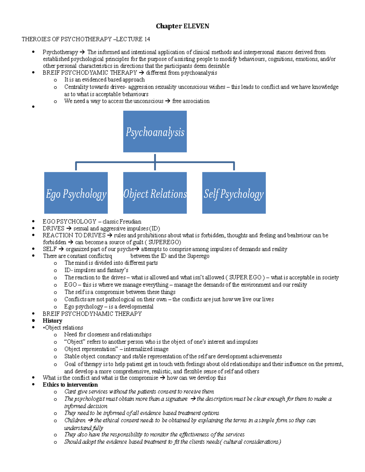 Lecture notes, lectures 14 - psychotherapy - Chapter ELEVEN THEROIES OF ...