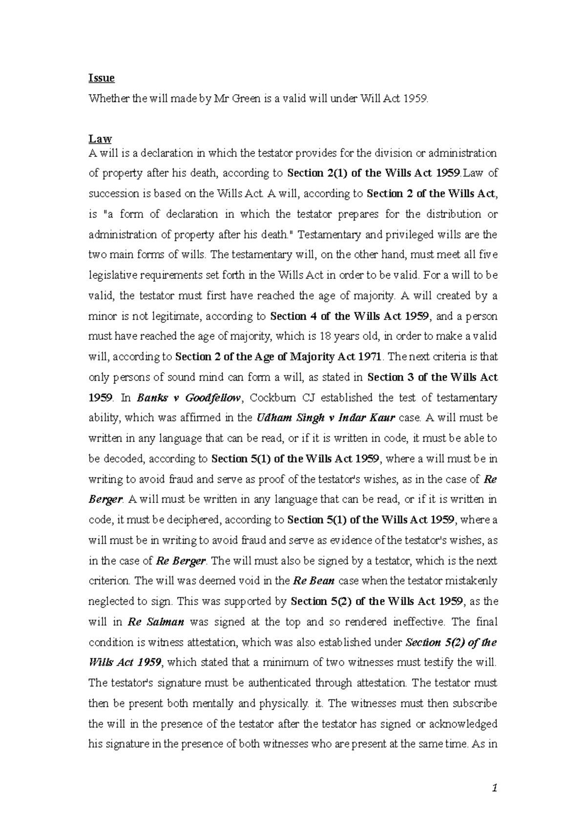 assignment FOR CARRYMARK - Issue Whether the will made by Mr Green is a ...