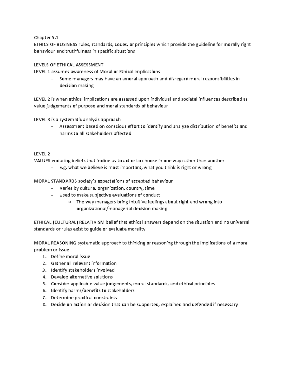 Ethics Quiz 5 Notes - Chapter 5 ETHICS OF BUSINESS rules, standards ...