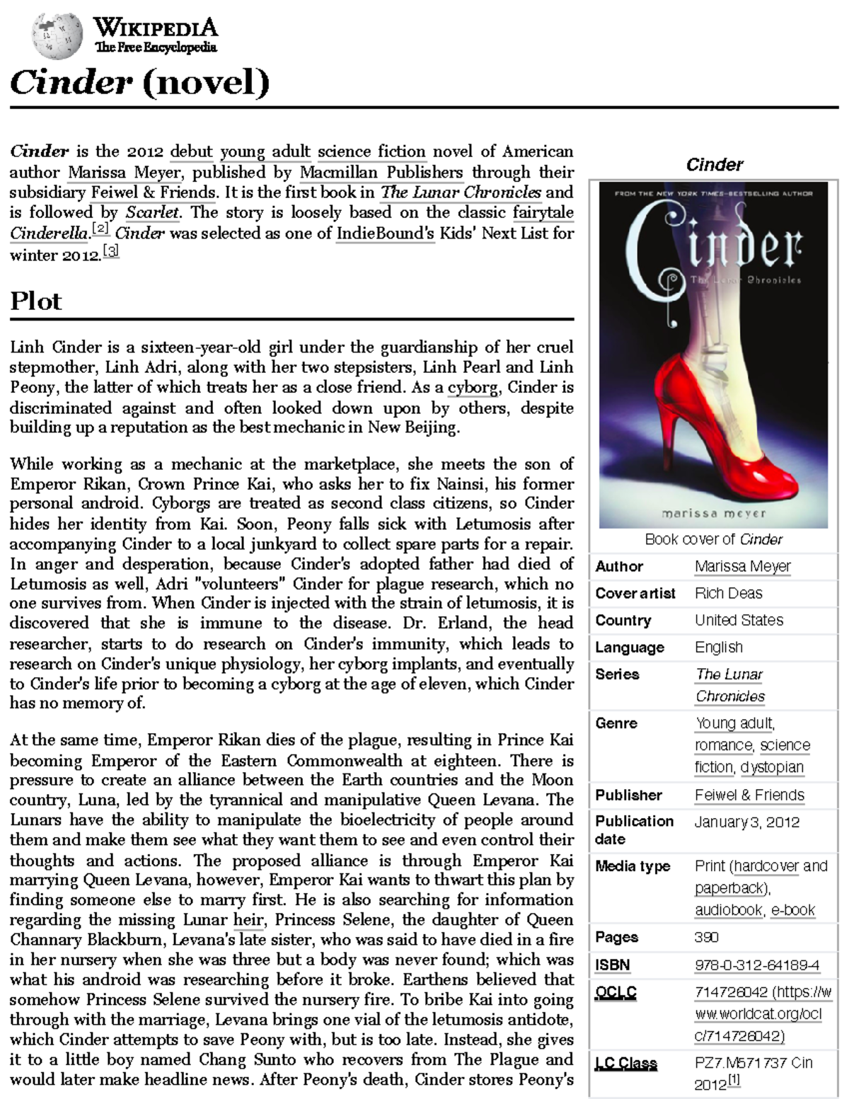 Cinder (novel article) - Cinder Book cover of Cinder Author Marissa ...