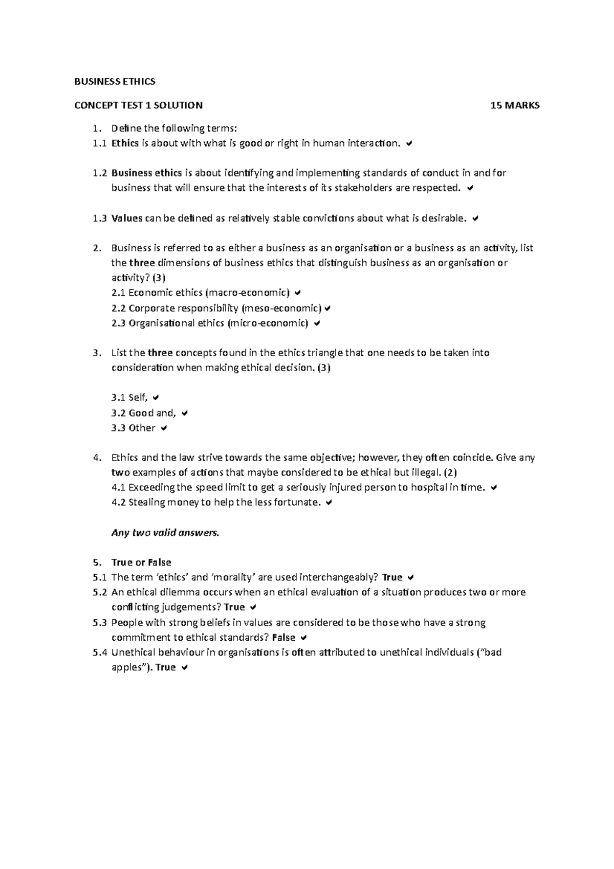 Test 1 February 2019, answers - BUSINESS ETHICS CONCEPT TEST 1 SOLUTION ...