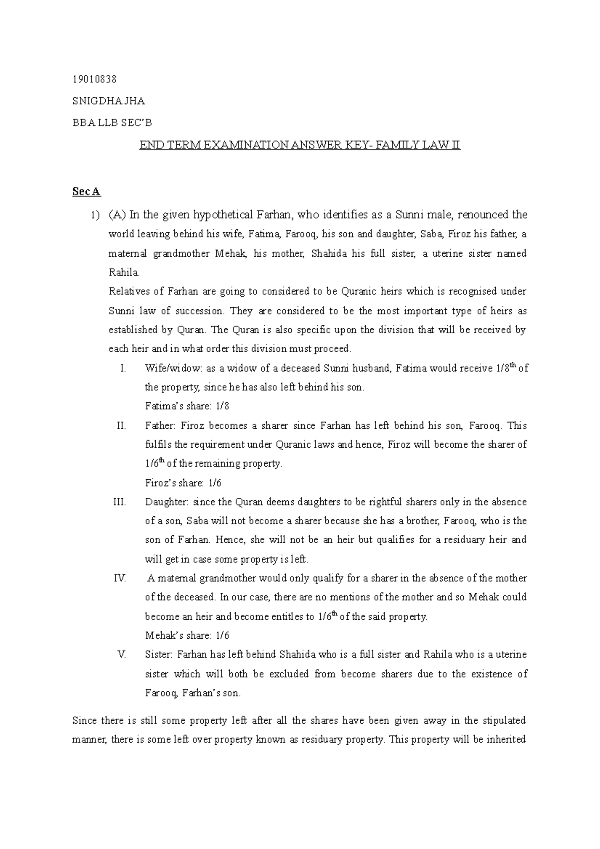 familylaw Bballb 2019 - 19010838 SNIGDHA JHA BBA LLB SEC’B END TERM ...