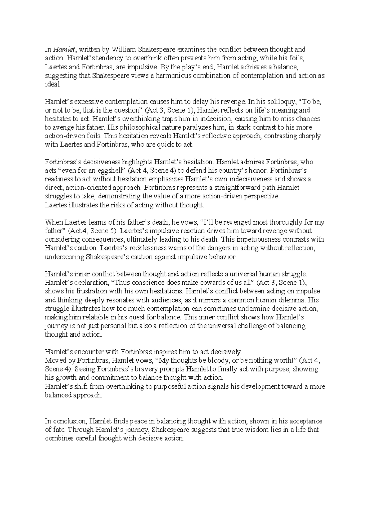 Thought vs action - Hamlet - In Hamlet, written by William Shakespeare ...