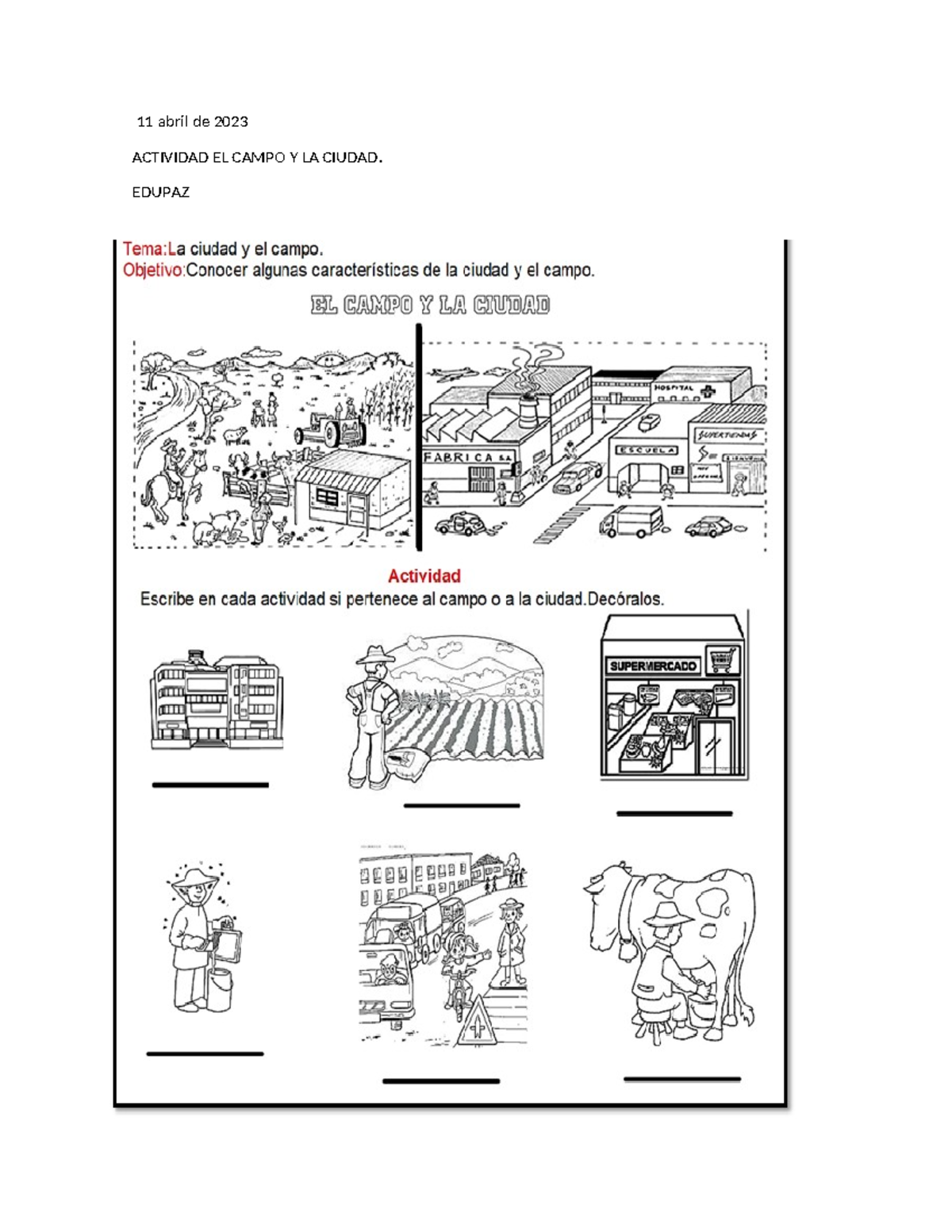 EL Campo Y LA Ciudad - actividad niños de primero - ETICA - 11 abril de ...