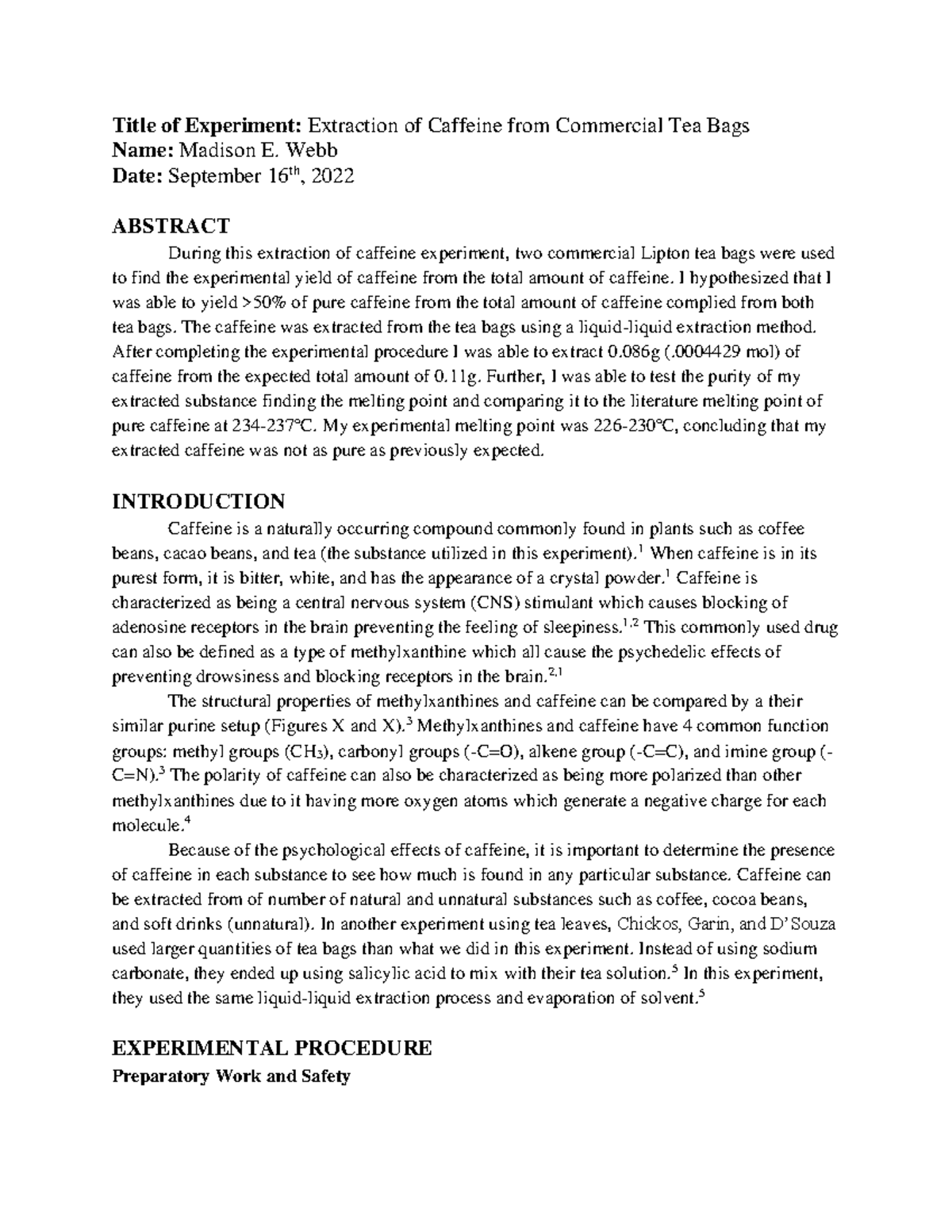 Madison Webb - Extraction of Caffeine Lab Report - Title of Experiment ...