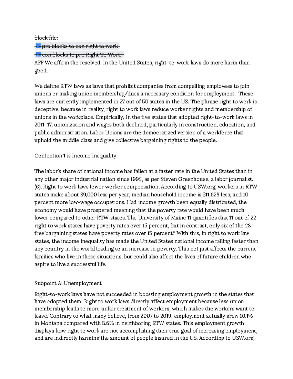 Final Debate Case RTW - block file: pro blocks to con right to work con ...