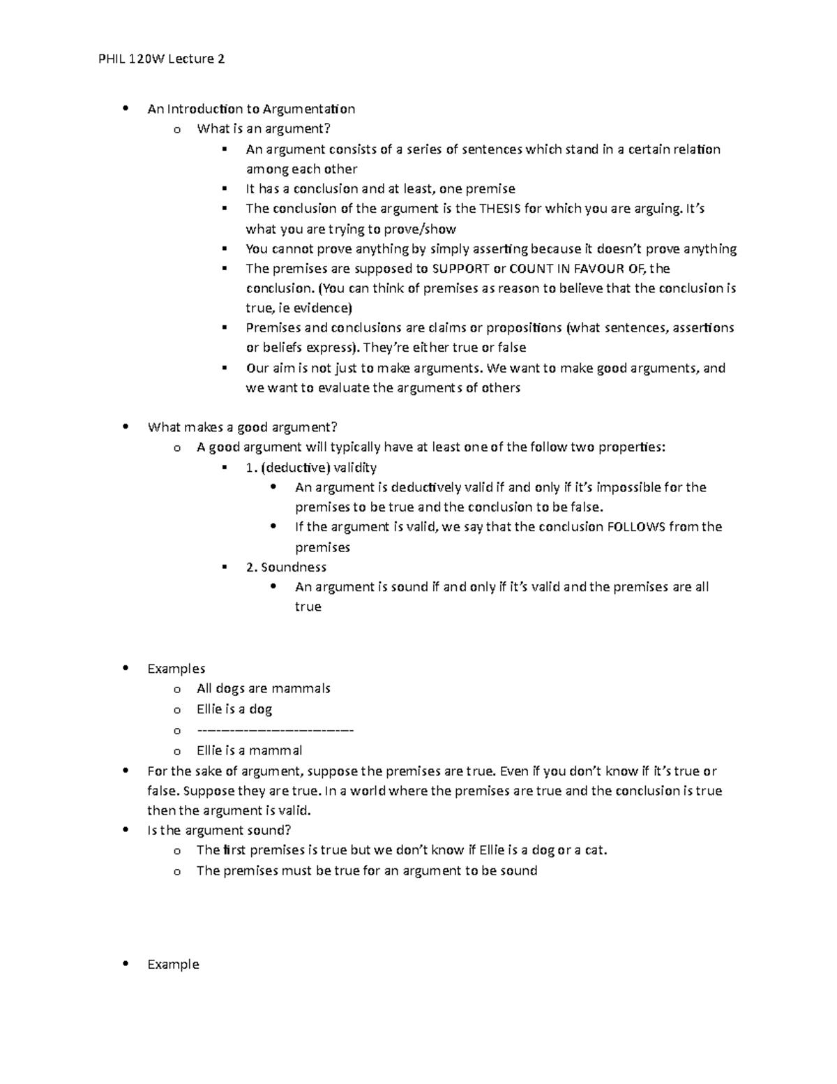 Lecture 2 PHIL 120W - An Introduction to Argumentation o What is an ...