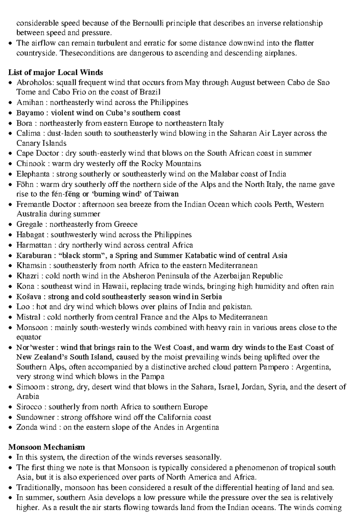 List of major Local Winds Geography - considerable speed because of the ...