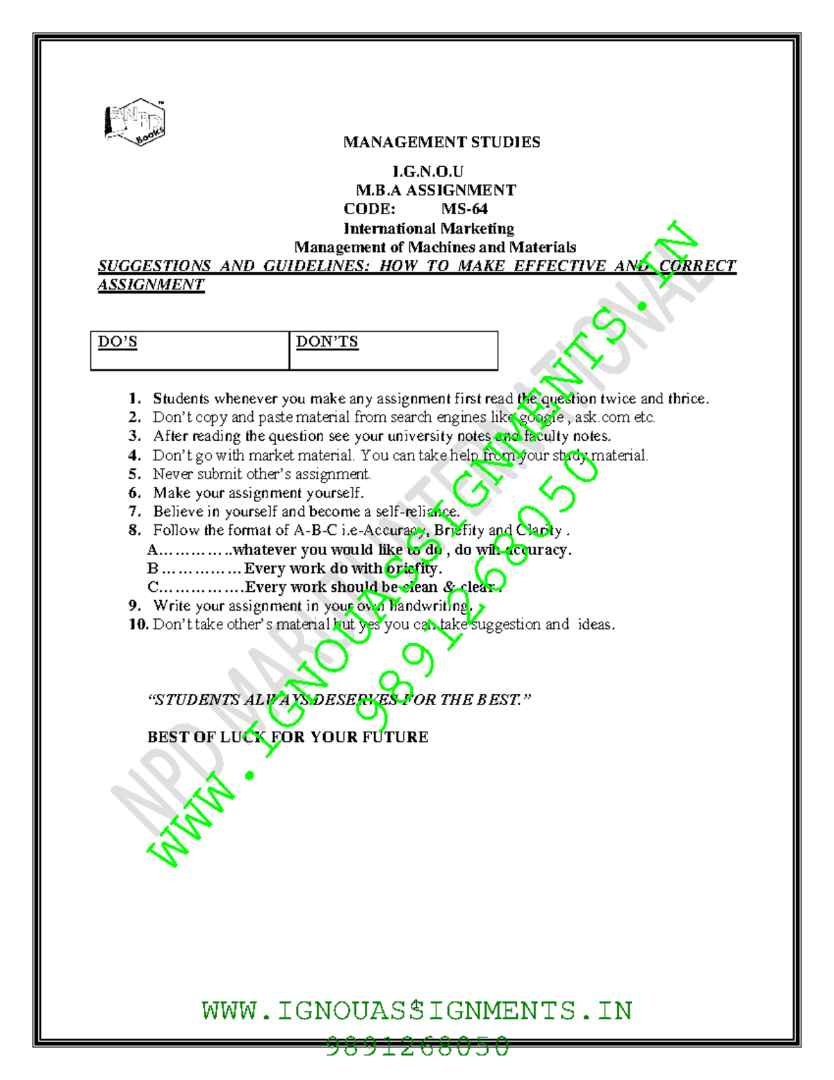 MS-64 - Summary doc of assignment - 1 MANAGEMENT STUDIES I.G.N.O M.B ...