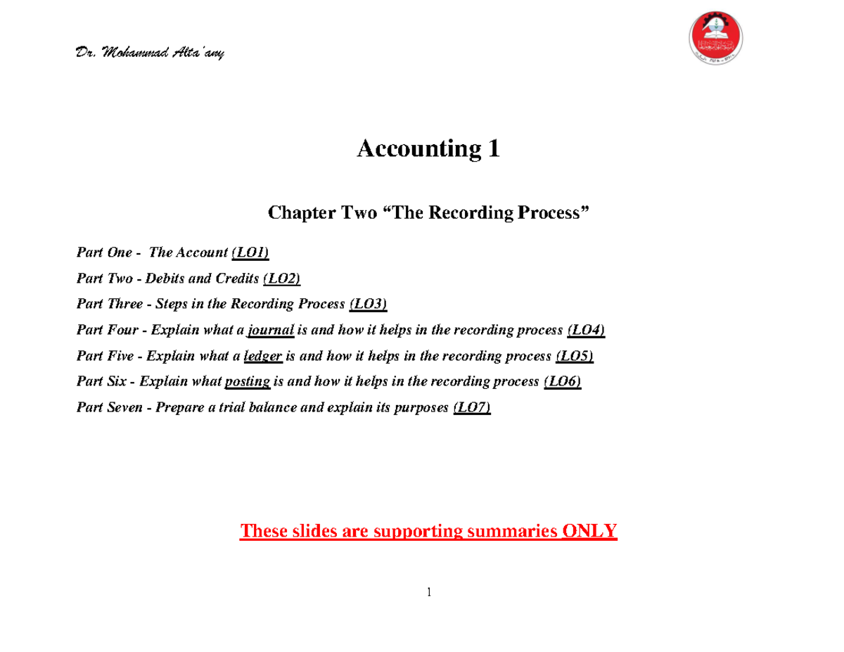 Chapter Two-1 - Accounting 1 Chapter Two “The Recording Process” Part ...