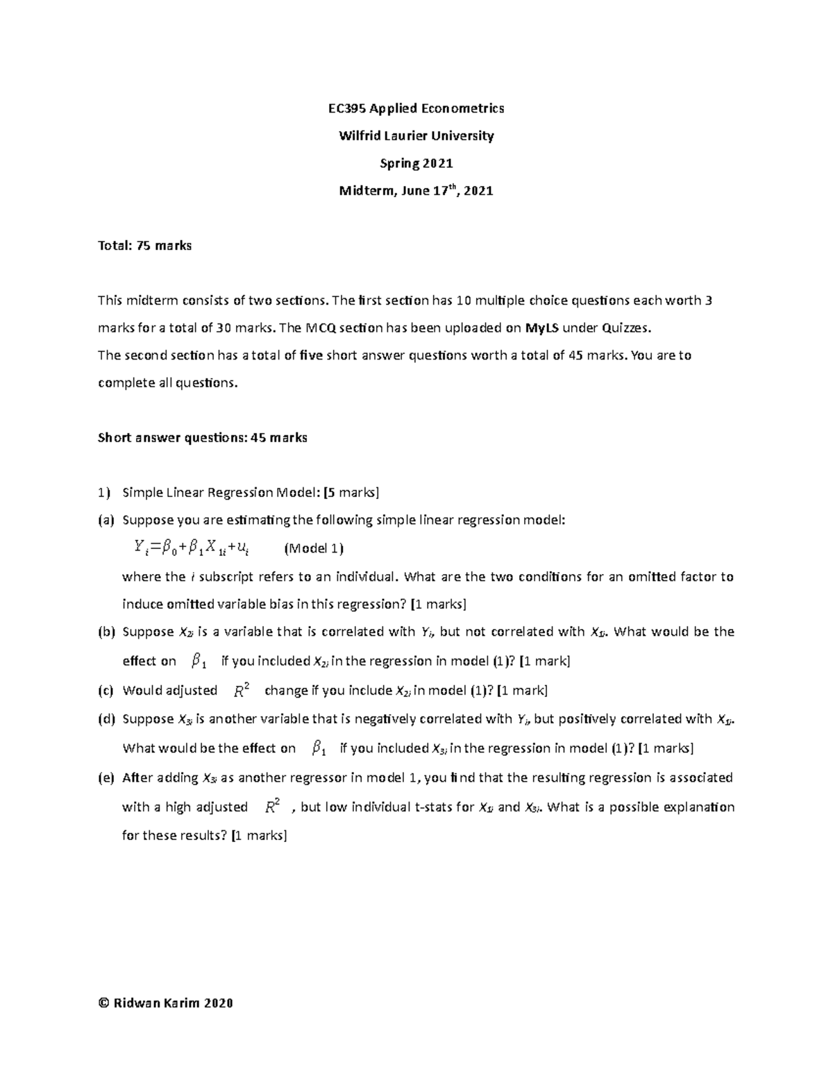 Midterm Short Questions - EC395 Applied Econometrics Wilfrid Laurier University Spring 2021 ...
