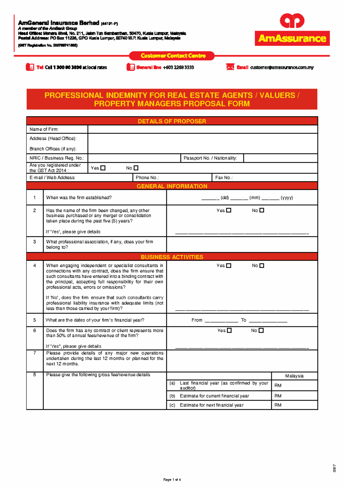 Professional Indemnity For Real Estate Agents Proposal Form 0 - 0917 ...