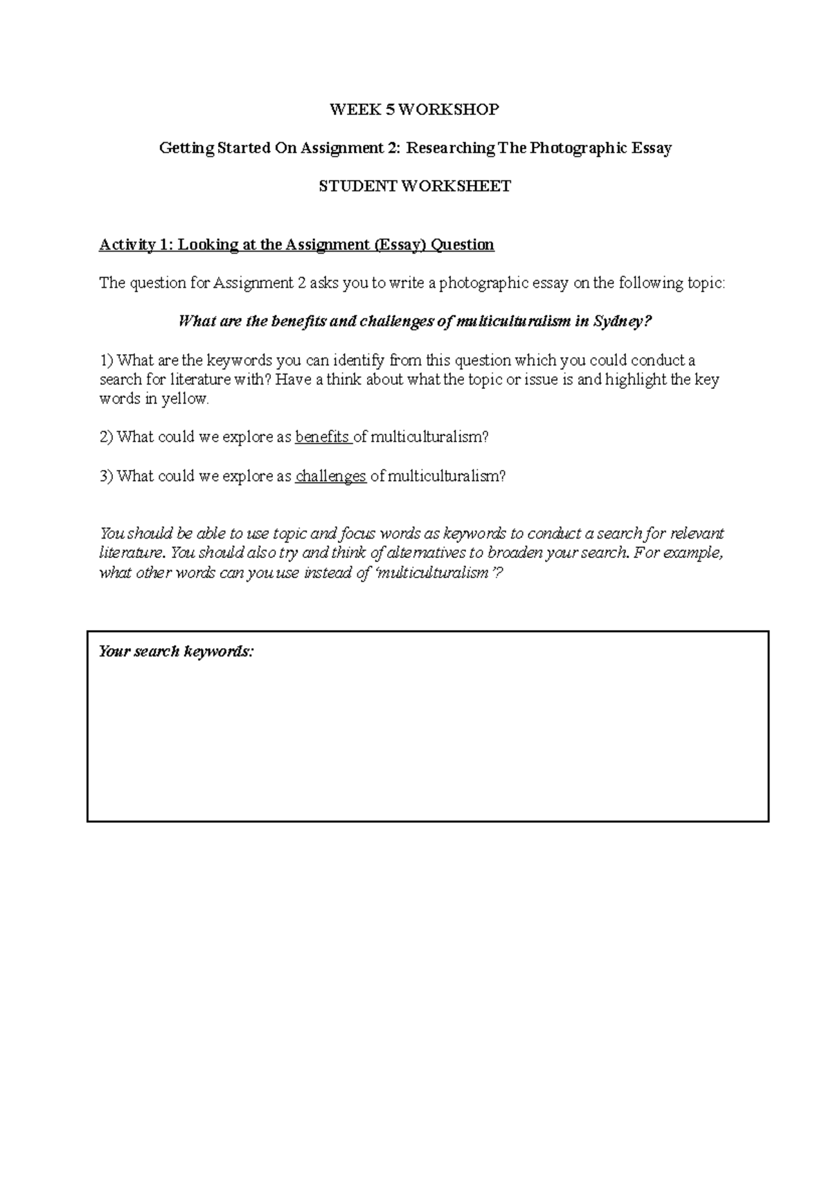 Week Five Student Worksheet PPL 2021 - WEEK 5 WORKSHOP Getting Started ...