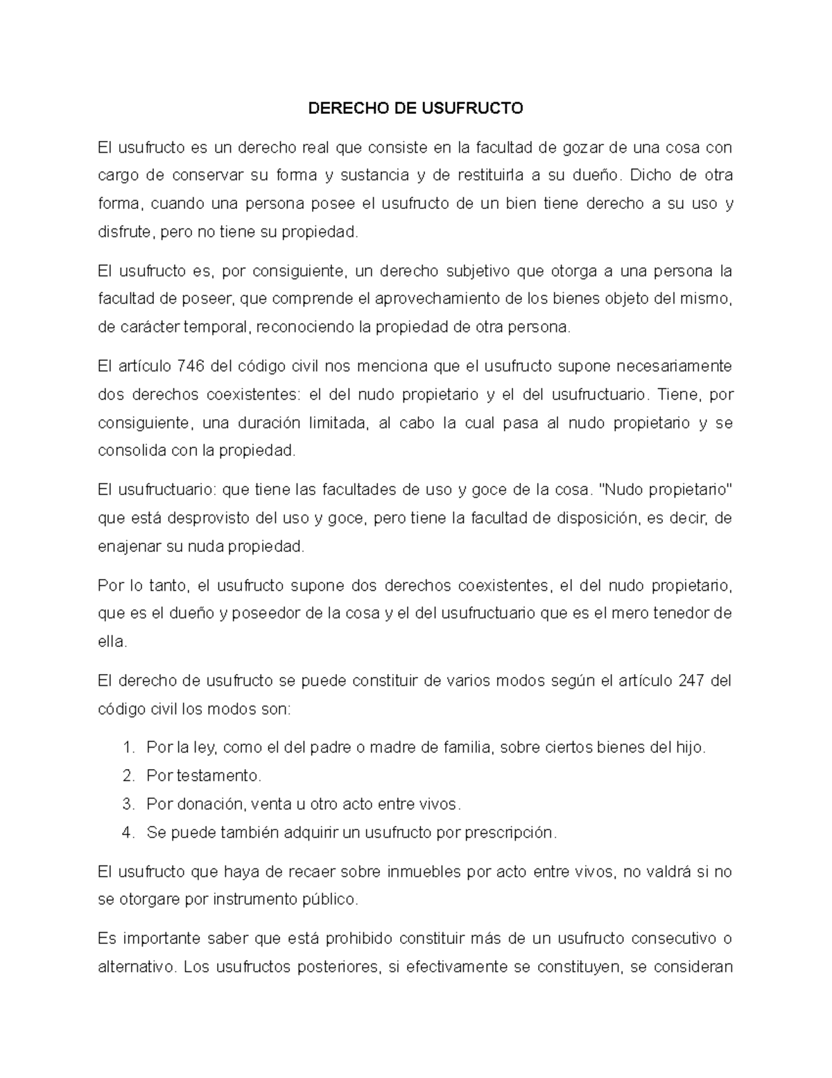 Derecho de usufructo - DERECHO DE USUFRUCTO El usufructo es un derecho ...