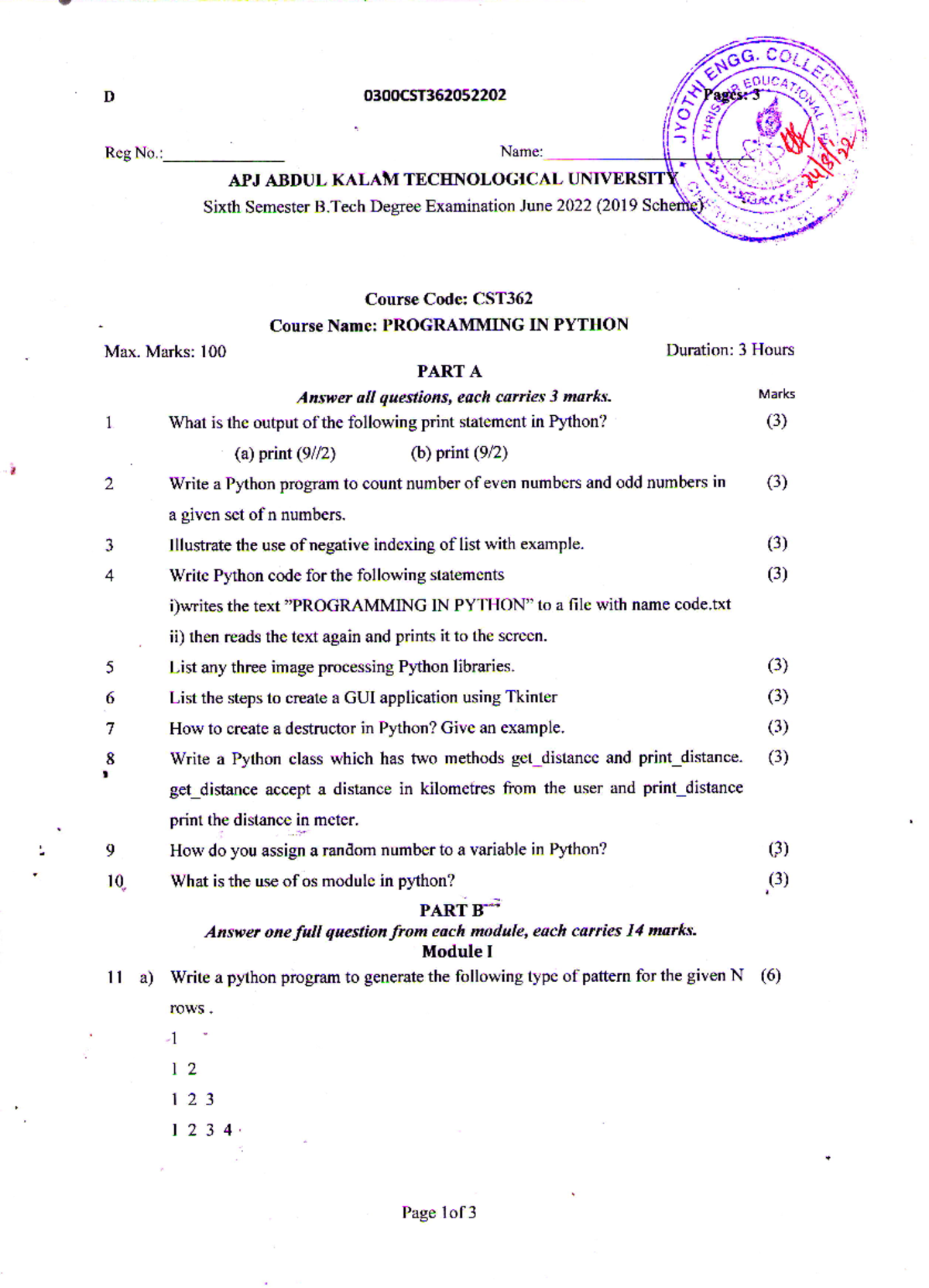 CST362 Programming IN Python, JUNE 2022 - D Reg No.: 0300csT APJ ABDUL KALAM TECIINOLOGICAL ...