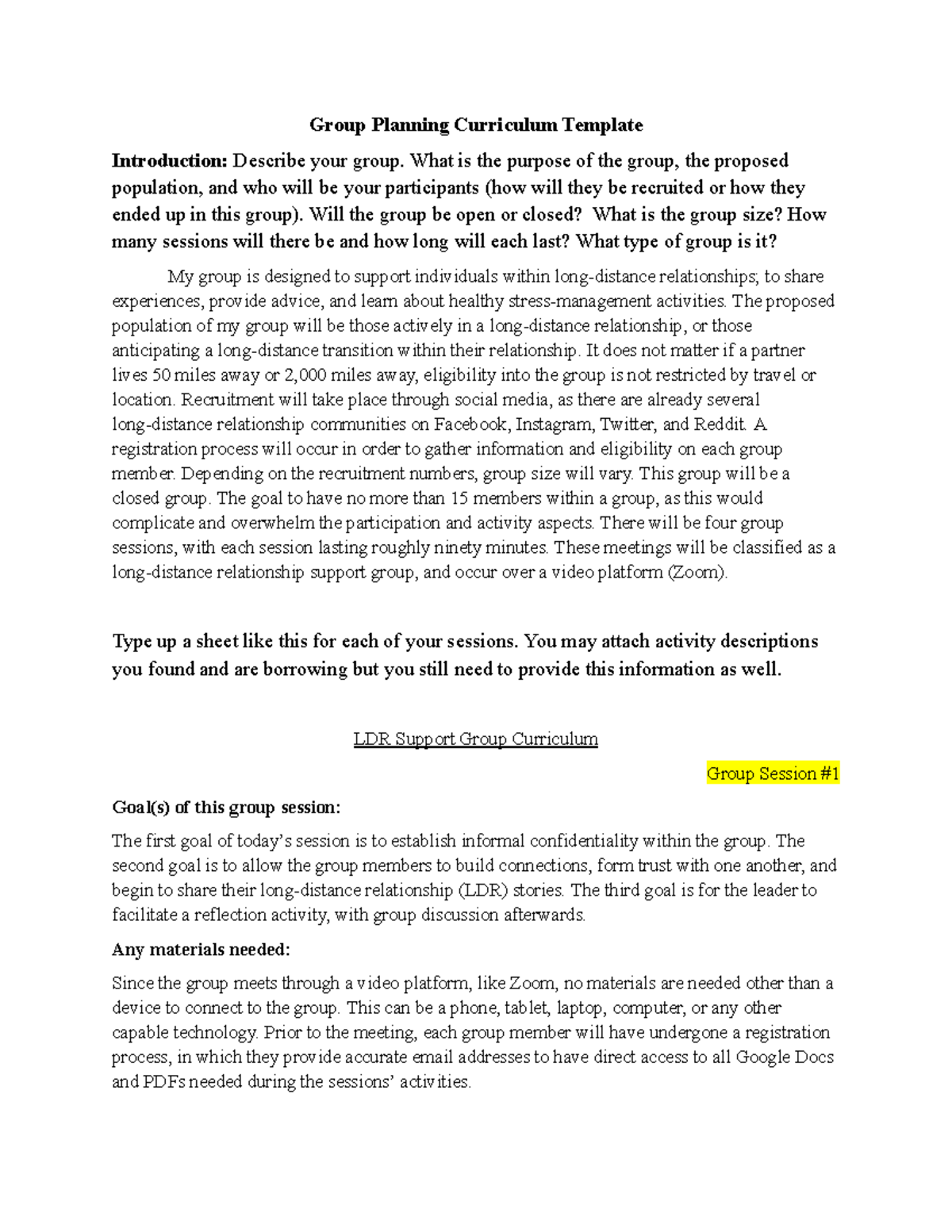 Group Planning Curriculum - What is the purpose of the group, the ...