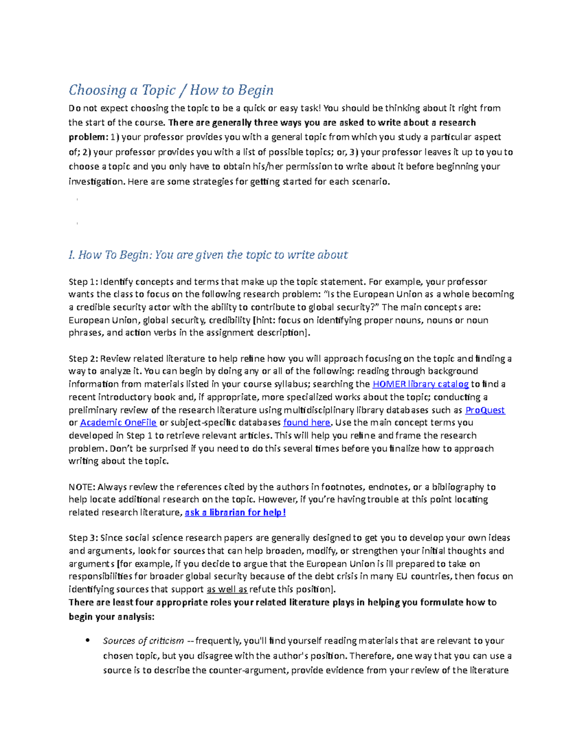 ADA Choosing a Topic - Choosing a Topic / How to Begin Do not expect ...