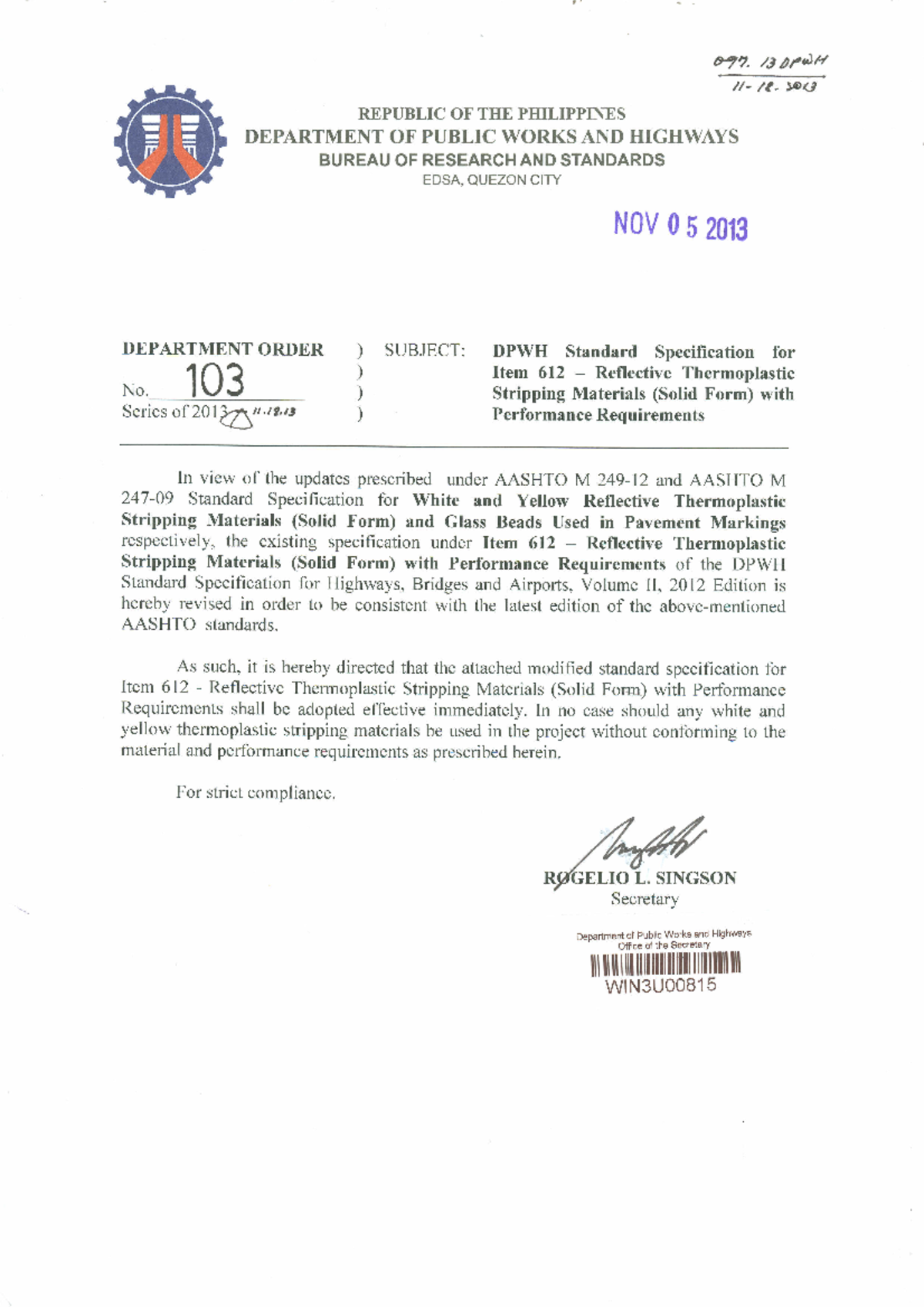 DO 103 S2013 - DPWH Standard Specification for Item 612 - ~'l. / ~l"tJH ...