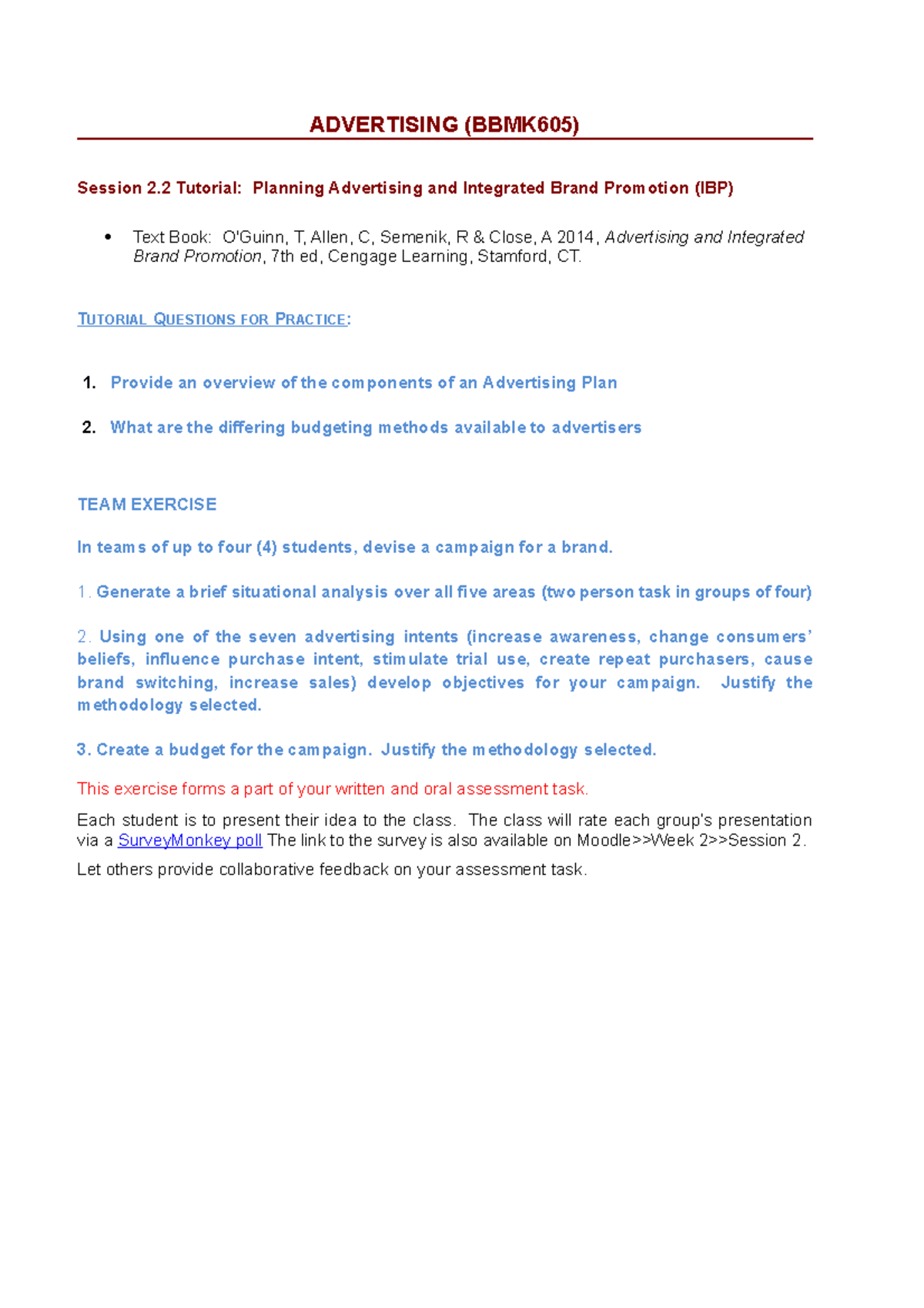 BBMK605 Tutorial Questions 2 - ADVERTISING (BBMK605) Session 2 Tutorial ...