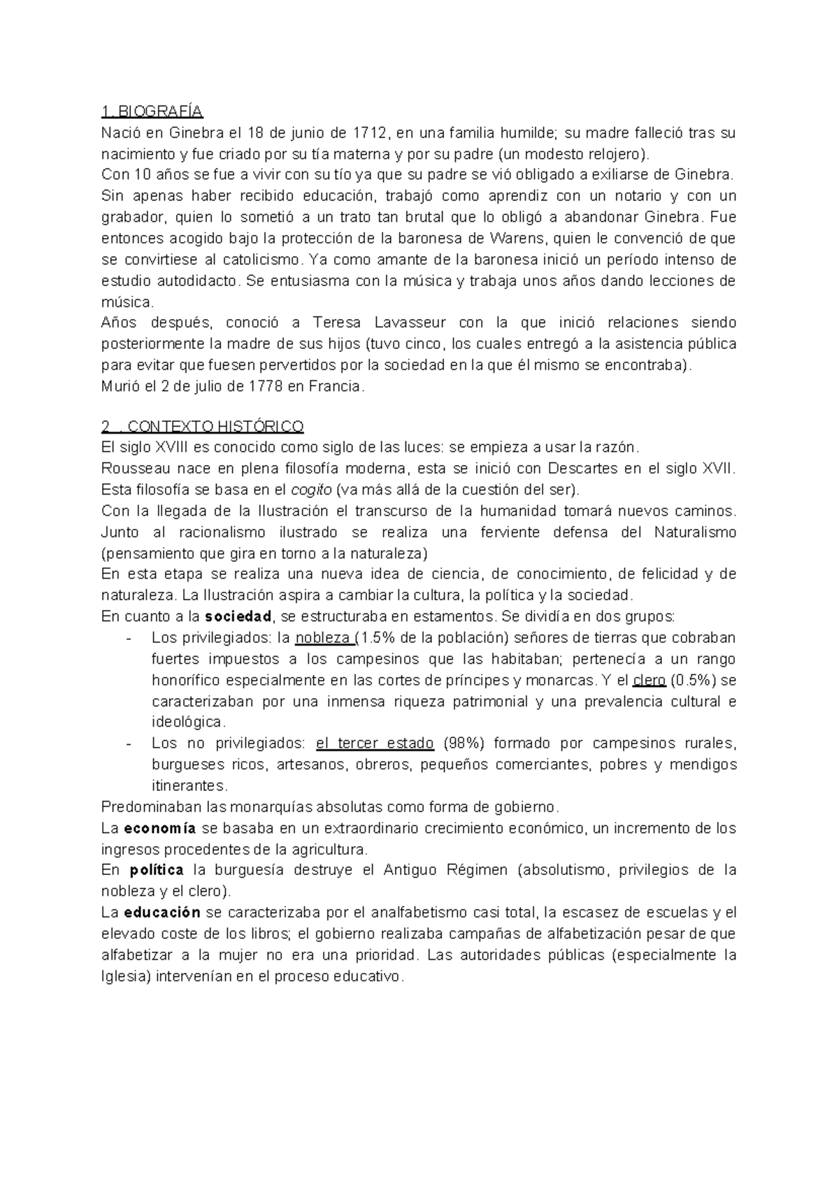 Rousseau - 1. BIOGRAFÍA Nació en Ginebra el 18 de junio de 1712, en una ...