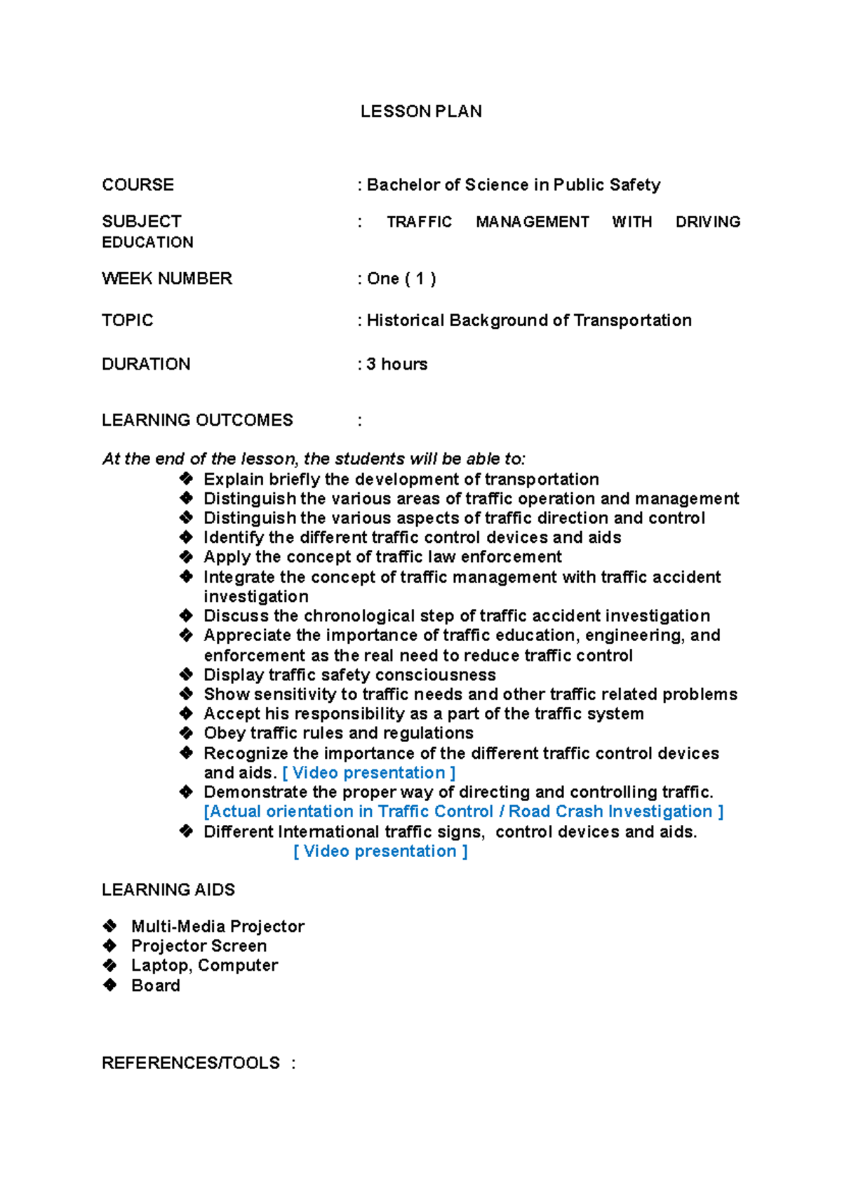 Lesson PLAN IN Traffic Management - LESSON PLAN COURSE : Bachelor of ...