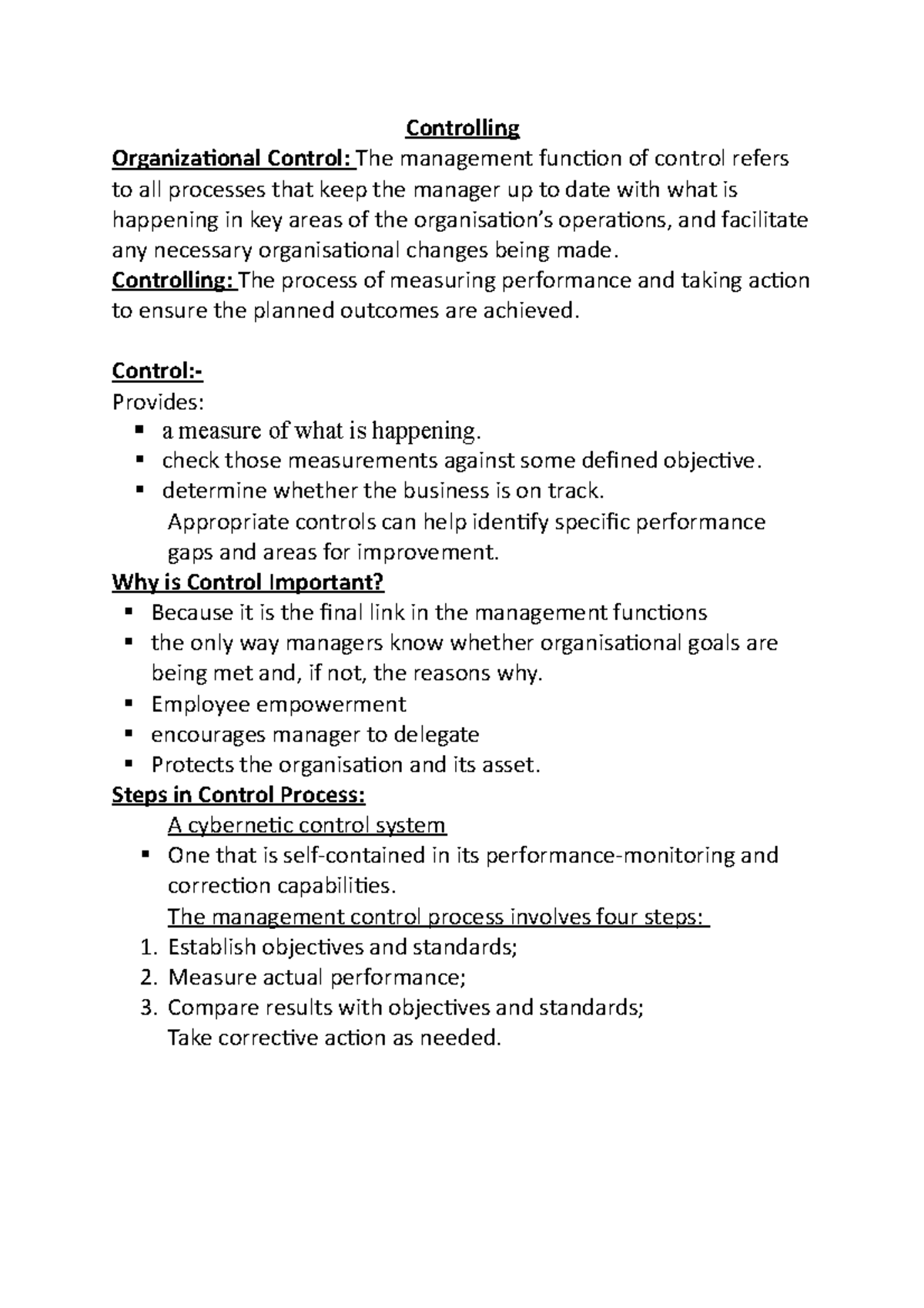 Controlling notes - Controlling Organizational Control: The management ...