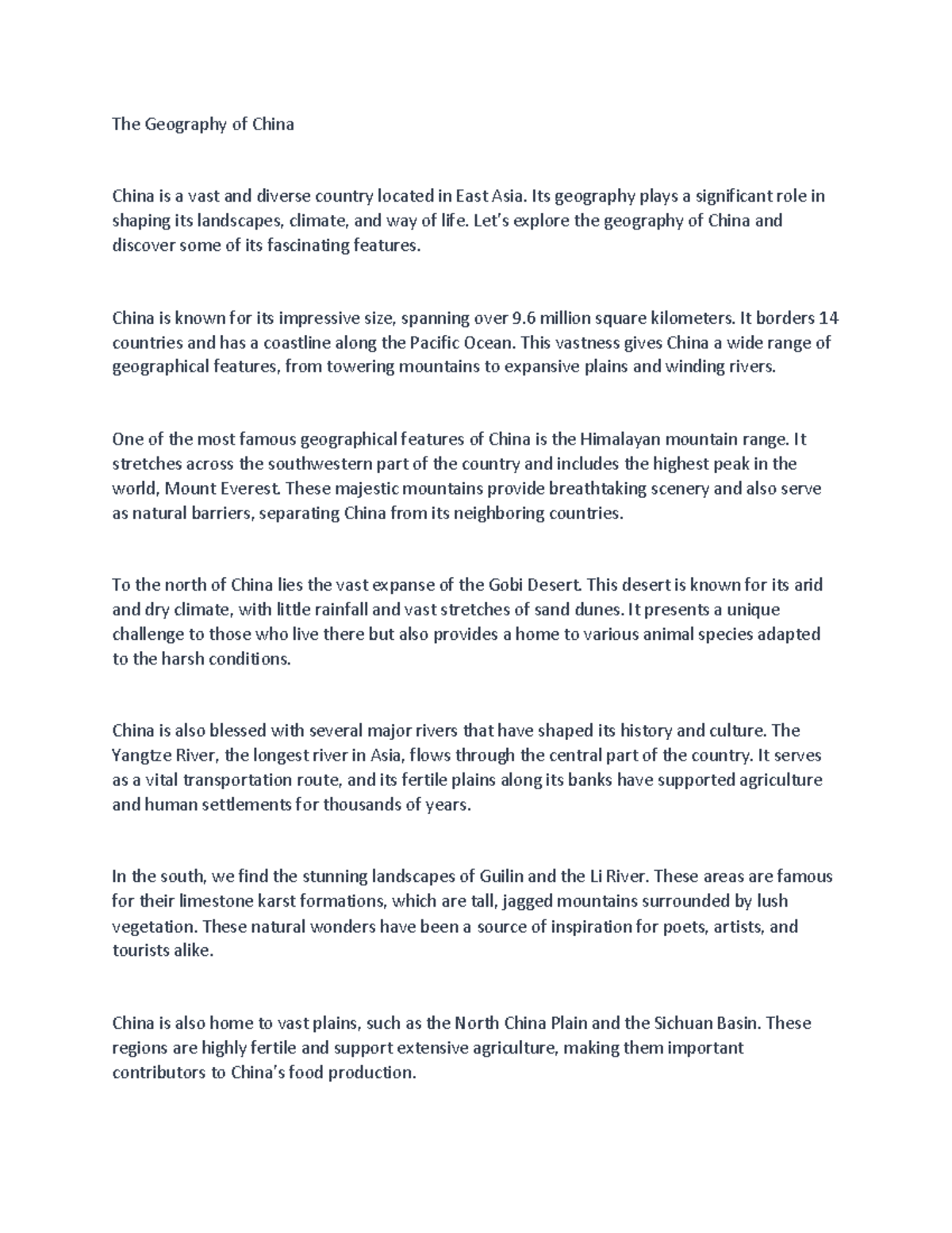 Document 60 - geography assignment - The Geography of China China is a ...