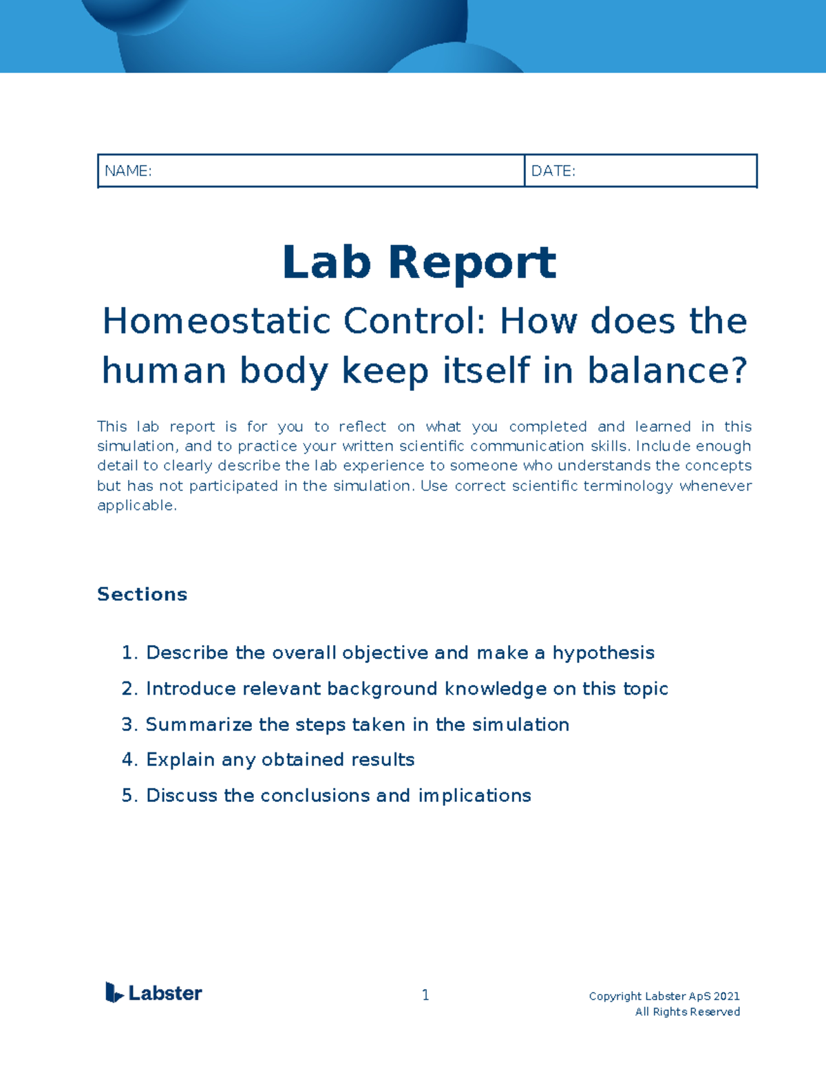 Lab Report Homeostatic Control How does the human body keep itself in balance - NAME: DATE: Lab ...