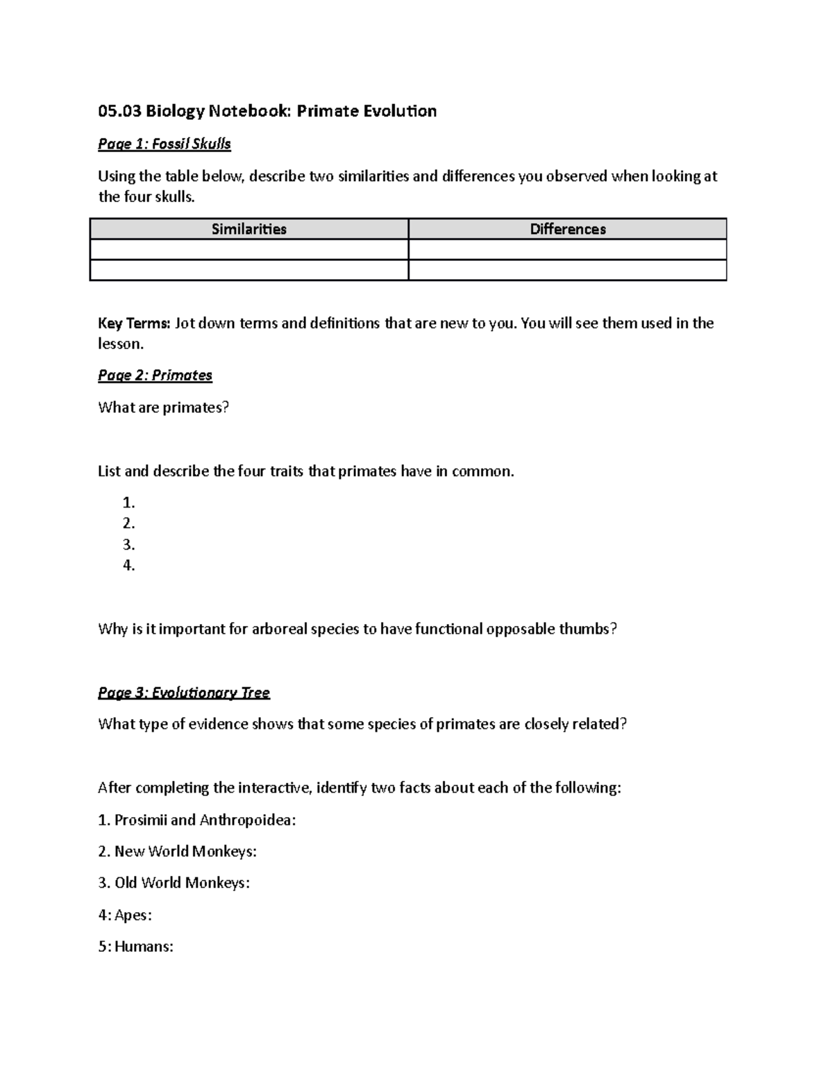 05 03 primate evolution - 05 Biology Notebook: Primate Evolution Page 1 ...