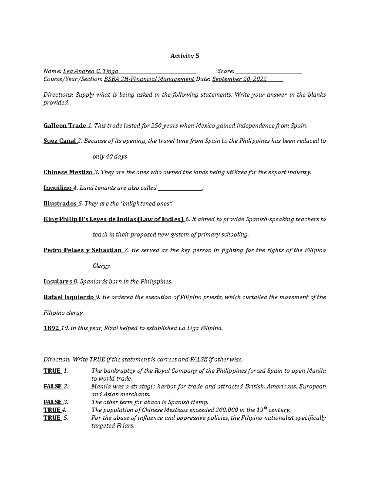 Unit 2 Activities - The Life and Works of Rizal - Activity 5 Name: Lea Andrea C. Tinga Score ...