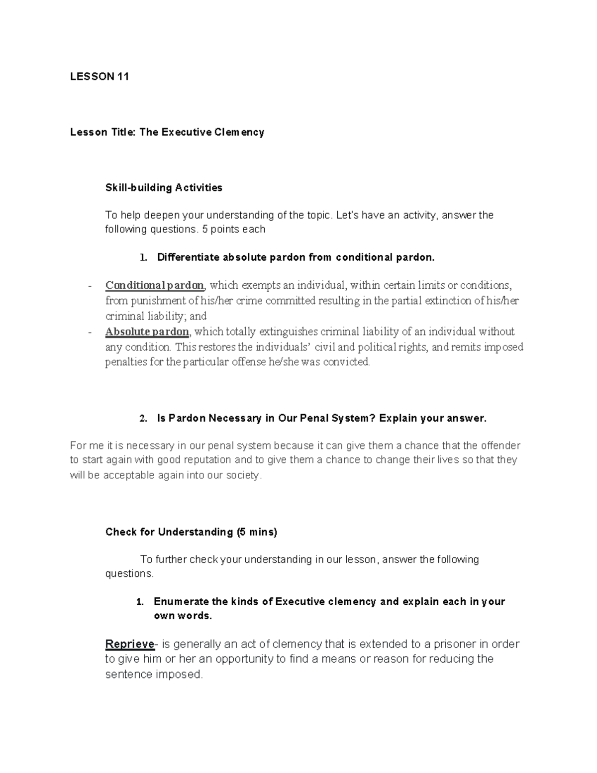 Lesson-11 - LESSON 11 Lesson Title: The Executive Clemency Skill ...