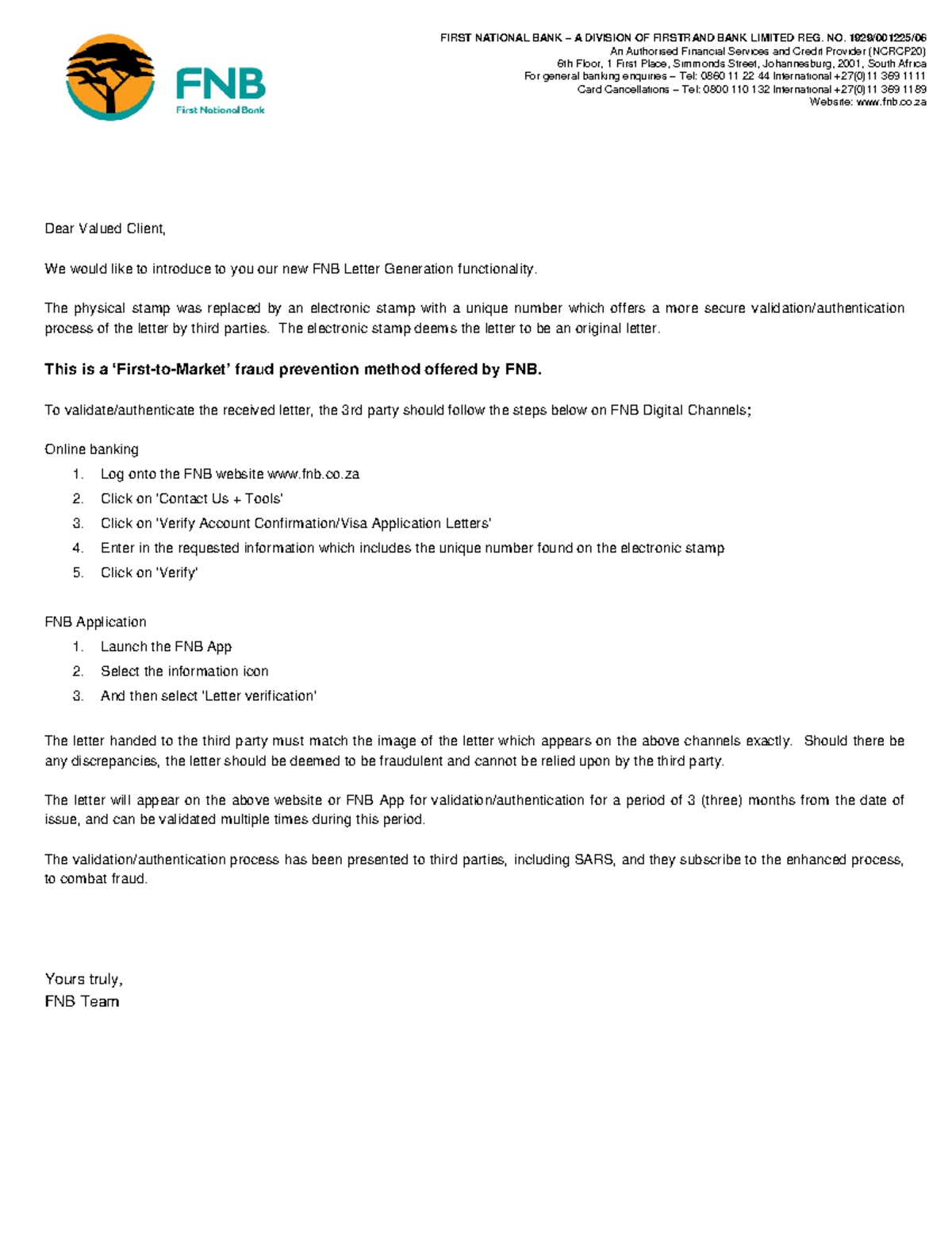 Account Confirmation Letter - Braitex - Latest - FIRST NATIONAL BANK ...