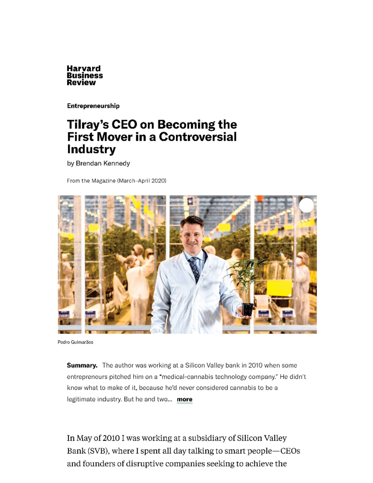 Tilray CEO - HBR article - Mgcr 352 - StuDocu