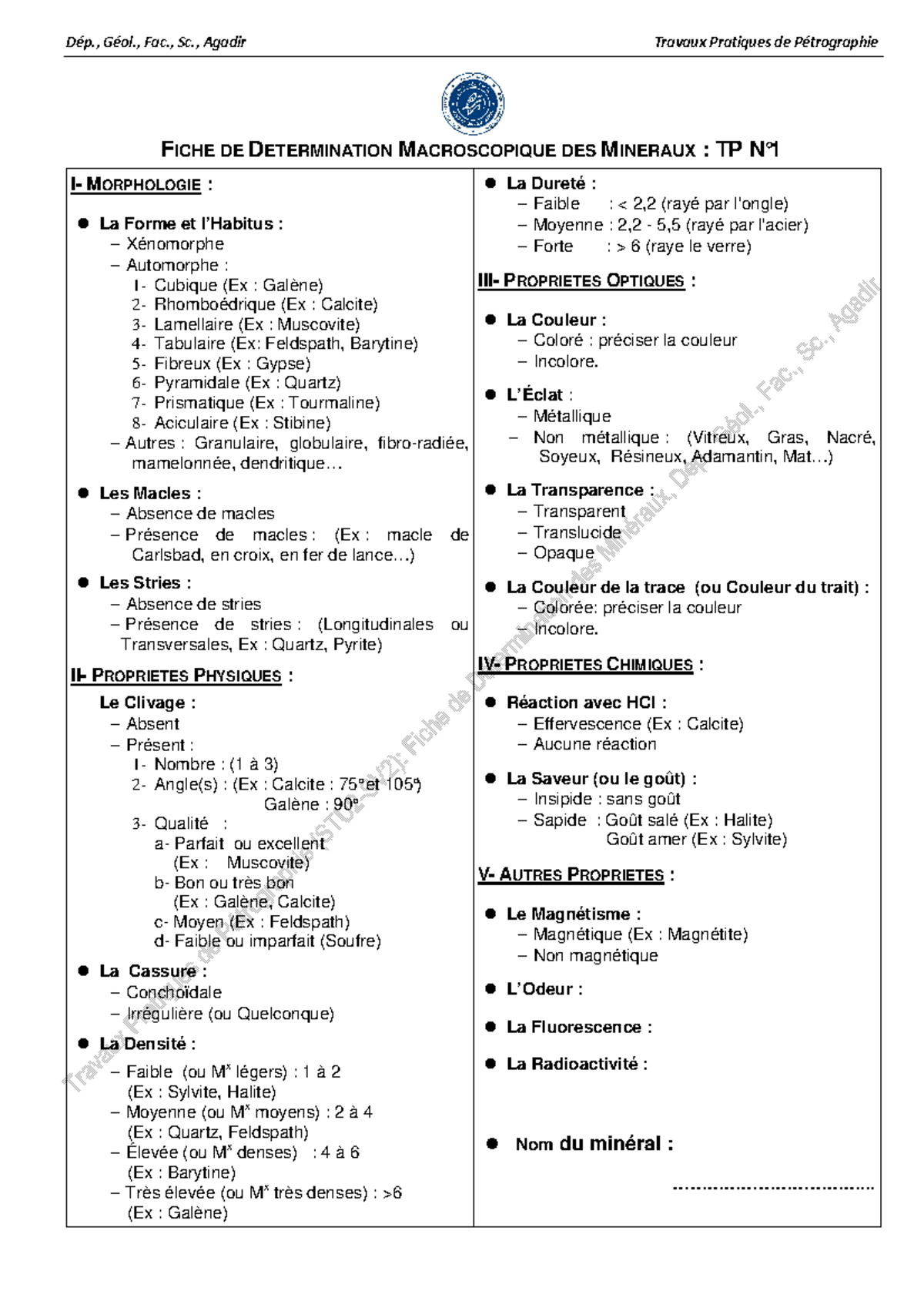 V6 Pour etudiants Fiche de détermination des Minéraux TP n°1 - Dép., Géol., Fac., Sc., Agadir ...