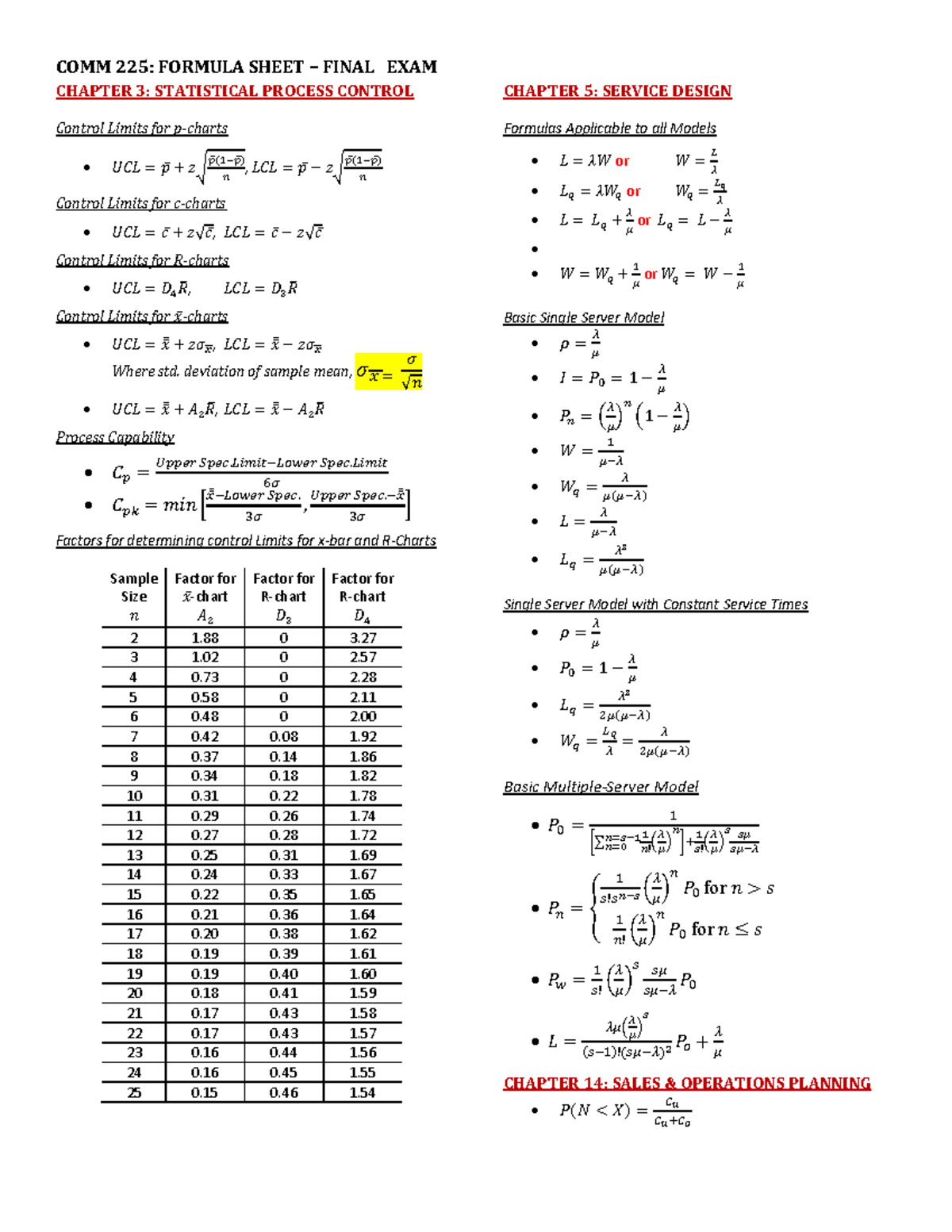 Formula Sheet non cumulative final - COMM 225: FORMULA SHEET – FINAL EXAM CHAPTER 3: STATISTICAL ...