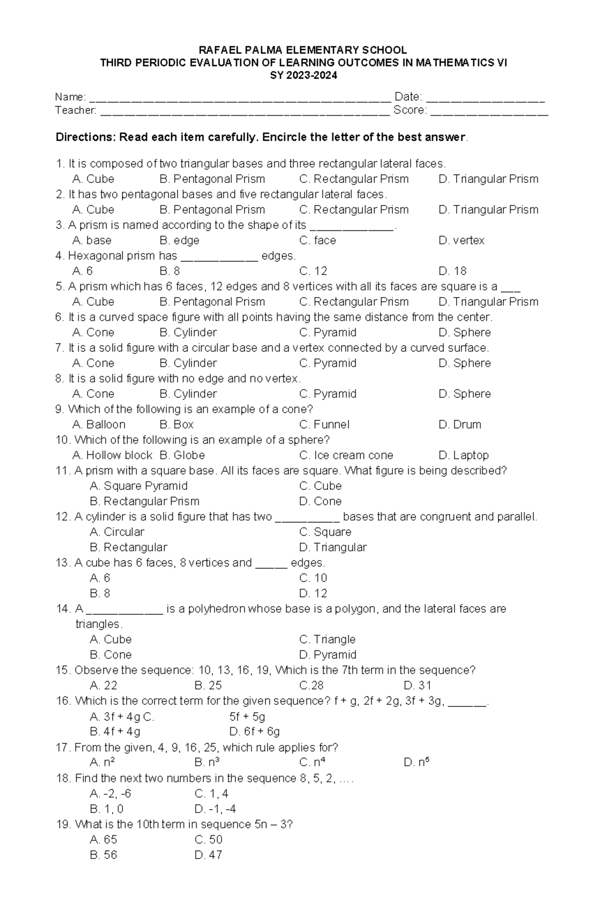 Third-PT-MATH-VI-SY23-24 (Repaired) - RAFAEL PALMA ELEMENTARY SCHOOL THIRD PERIODIC EVALUATION ...