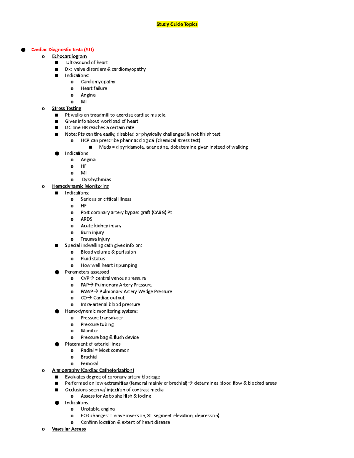 Cardio Study Guide - Study Guide Topics Cardiac Diagnostic Tests (ATI ...