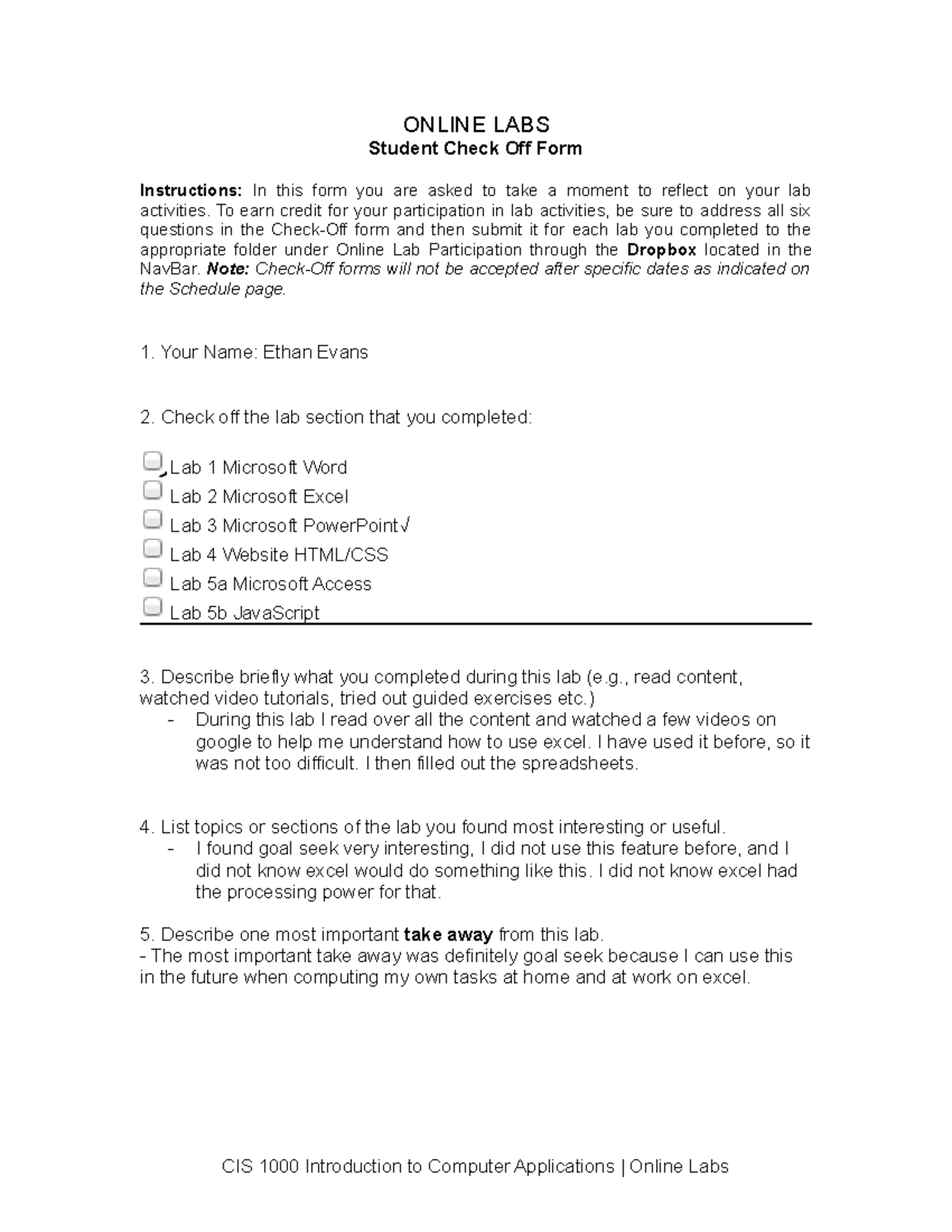 Lab Check Off Form - ONLINE LABS Student Check Off Form Instructions ...