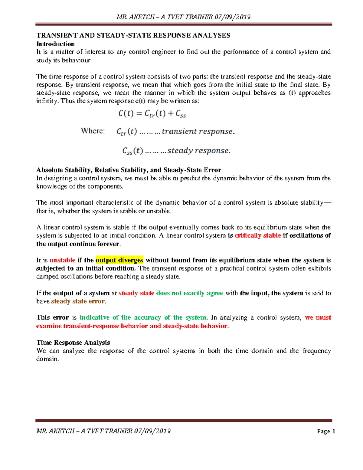 Control Systems - Transient and steady - TRANSIENT AND STEADY-STATE RESPONSE ANALYSES ...