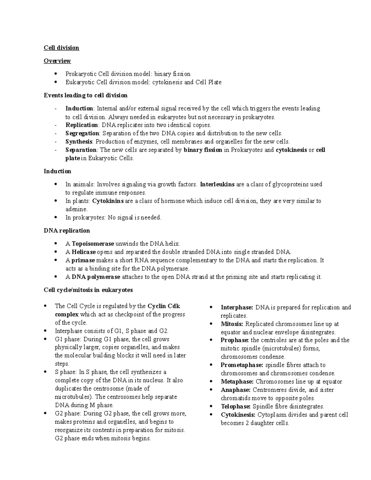 L7 - Cell division - Lecture notes 7 - Cell division Overview ...