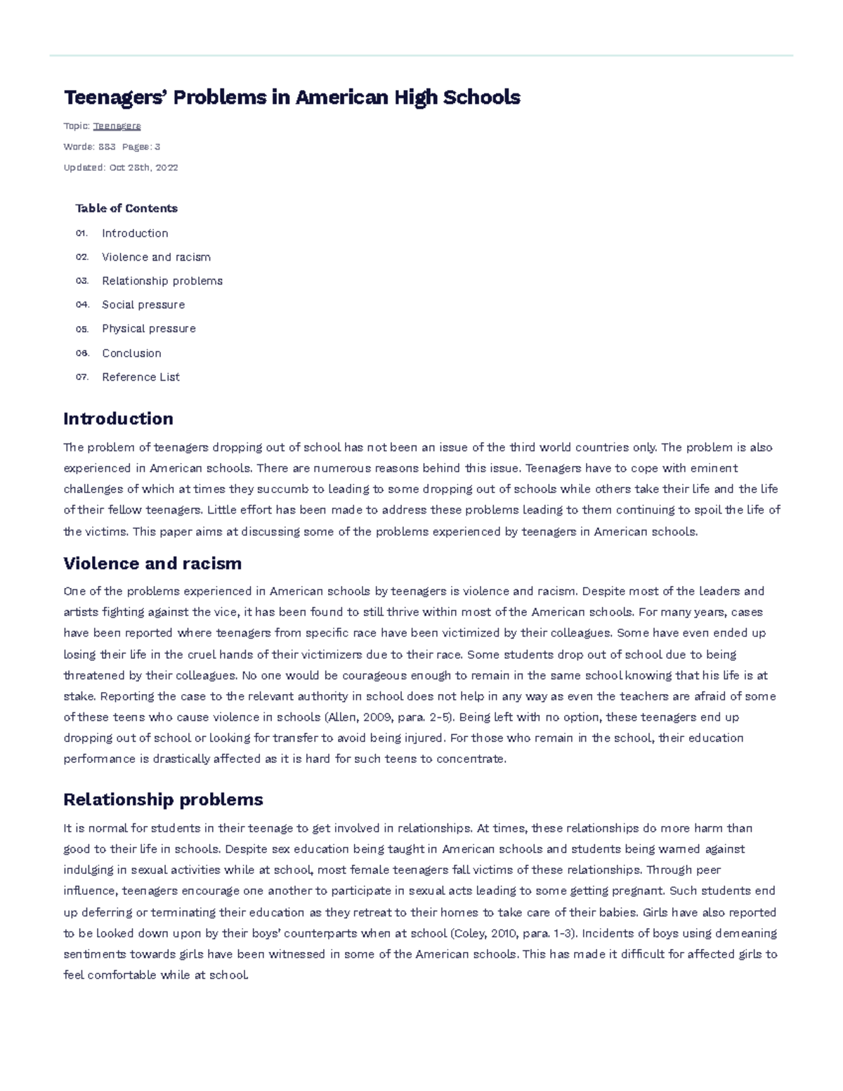 Teenagers' Problems in American High Schools Free Essay Example ...