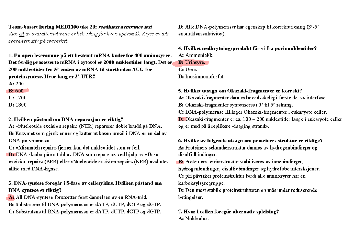 TBL Med Svar - TBL med svar - Team-basert læring MED1100 uke 20 ...