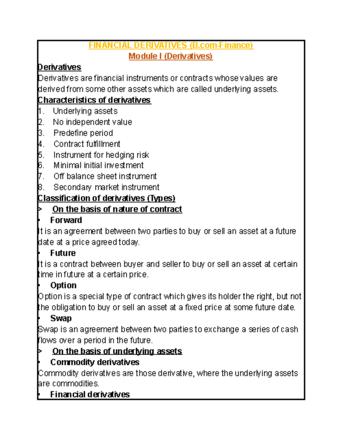 Financial derivatives module 1 bcom finance - FINANCIAL DERIVATIVES (B ...