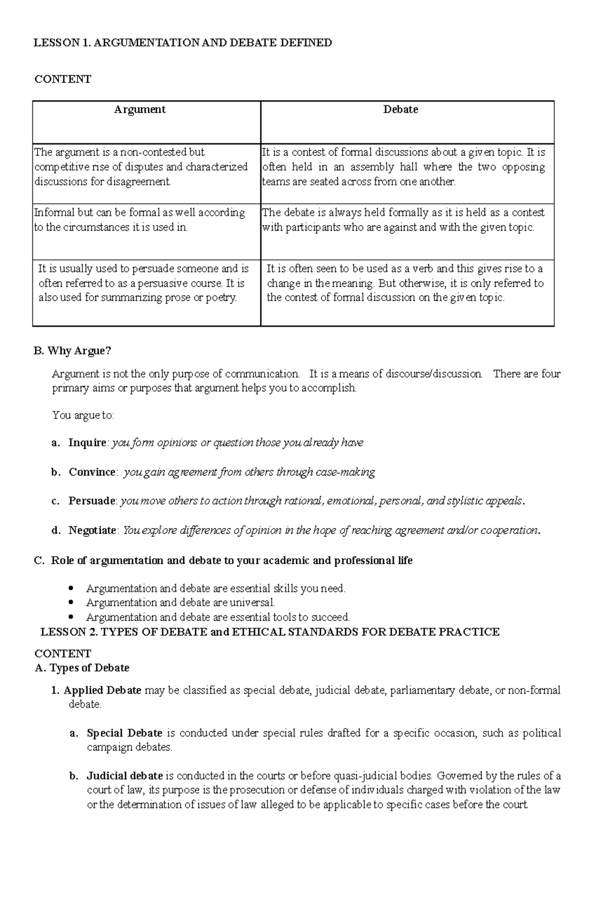 Argumentation an debate - LESSON 1. ARGUMENTATION AND DEBATE DEFINED ...