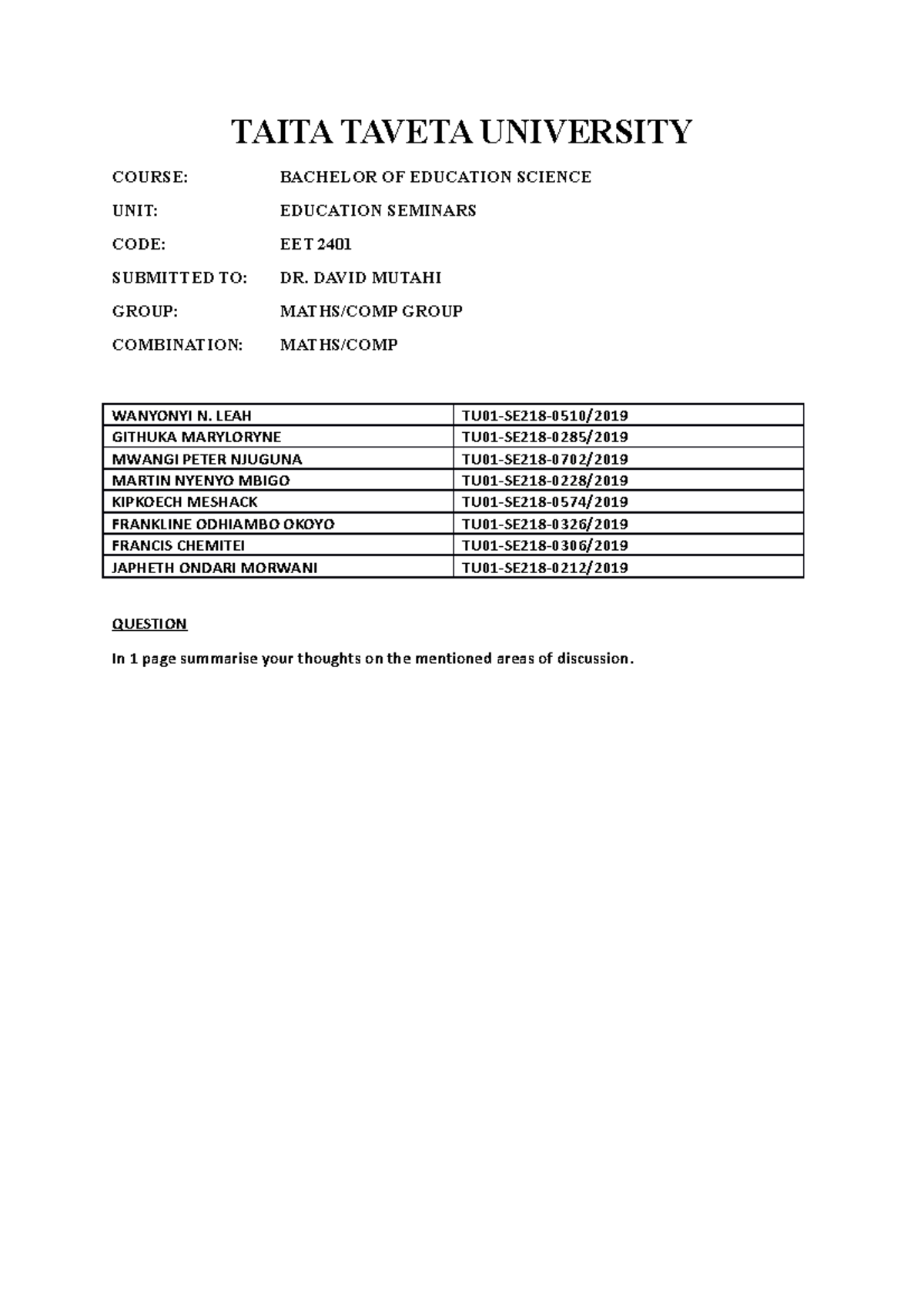 Education Seminars - TAITA TAVETA UNIVERSITY COURSE: BACHELOR OF ...