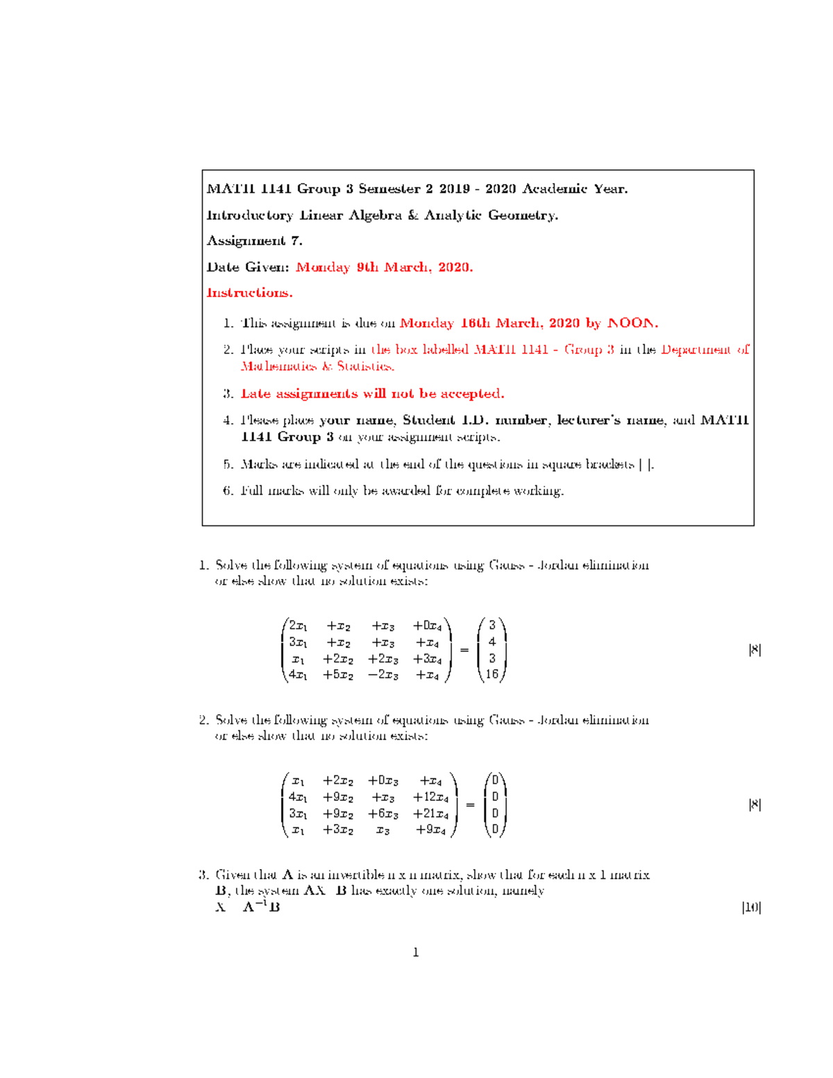 MATH 1141 Assignment 7 - Questions done for practice on complex numbers ...